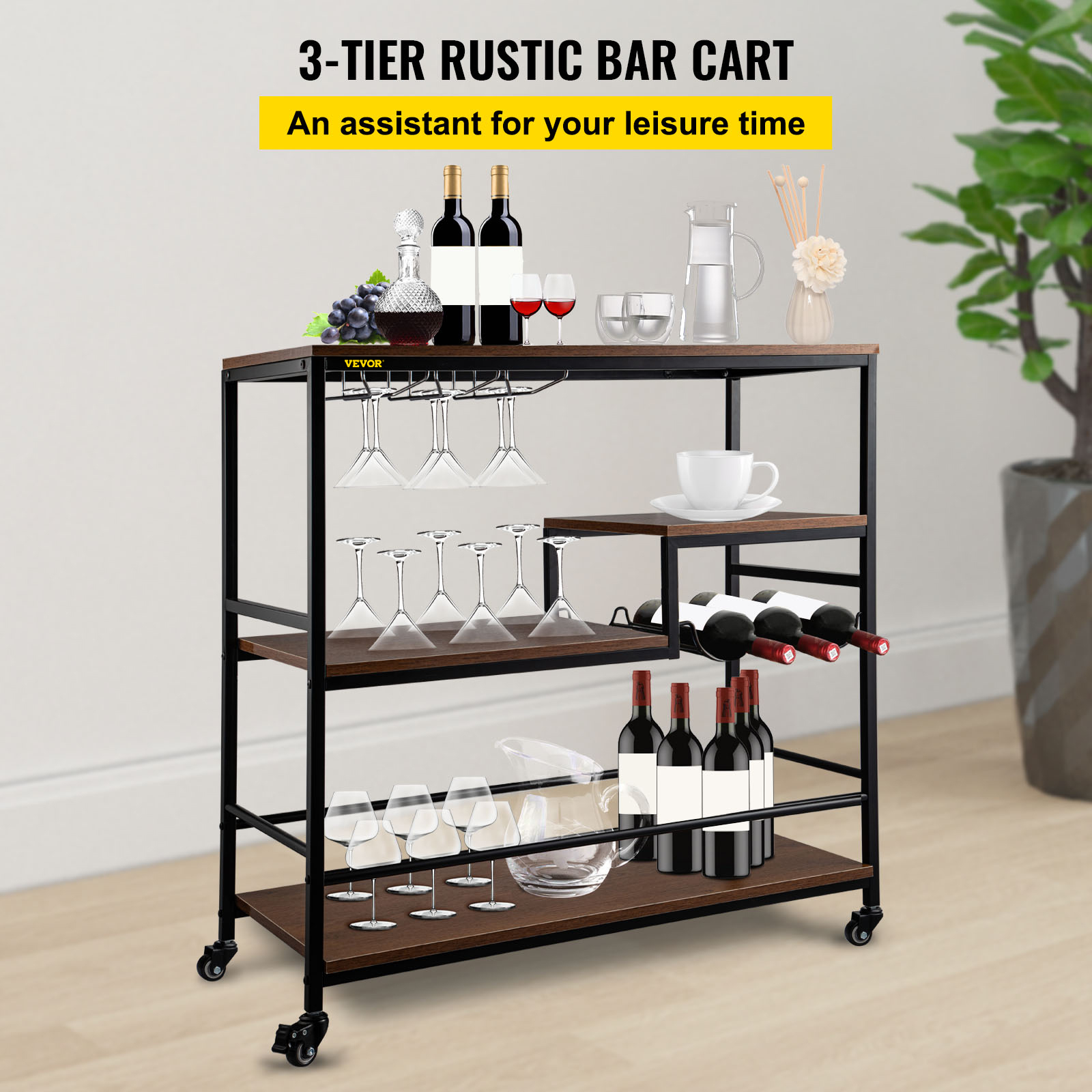 VEVOR Bar Serving Cart, 4-Tier Industrial Bar Cart for Home, Bar Cart ...