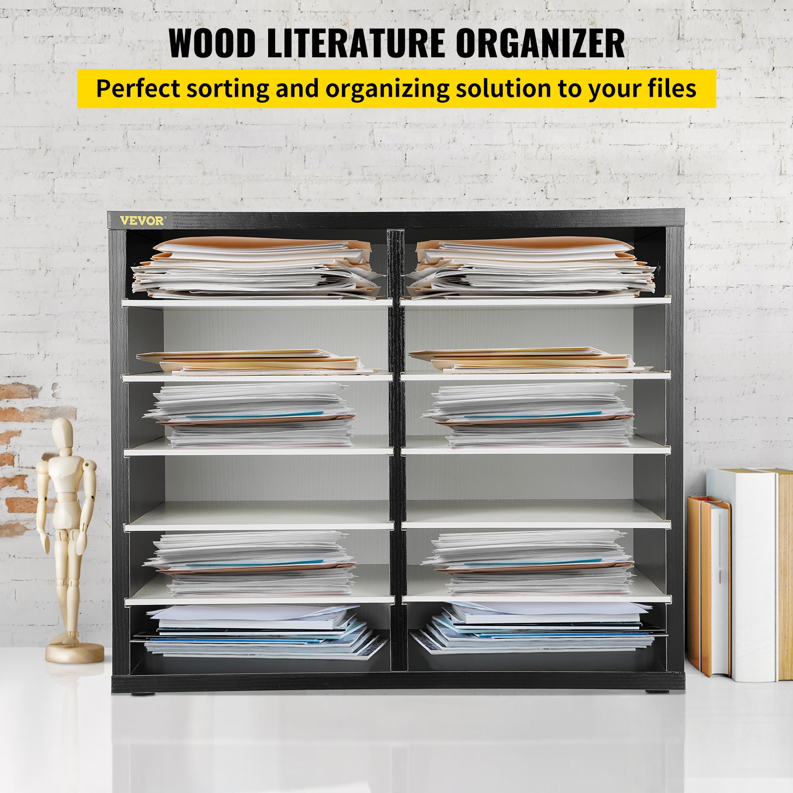 VEVOR 12 Compartments Wood Literature Organizer, Adjustable Shelves ...