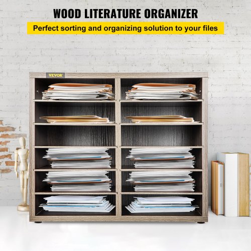 VEVOR 12 Compartments Wood Literature Organizer, Adjustable Shelves ...