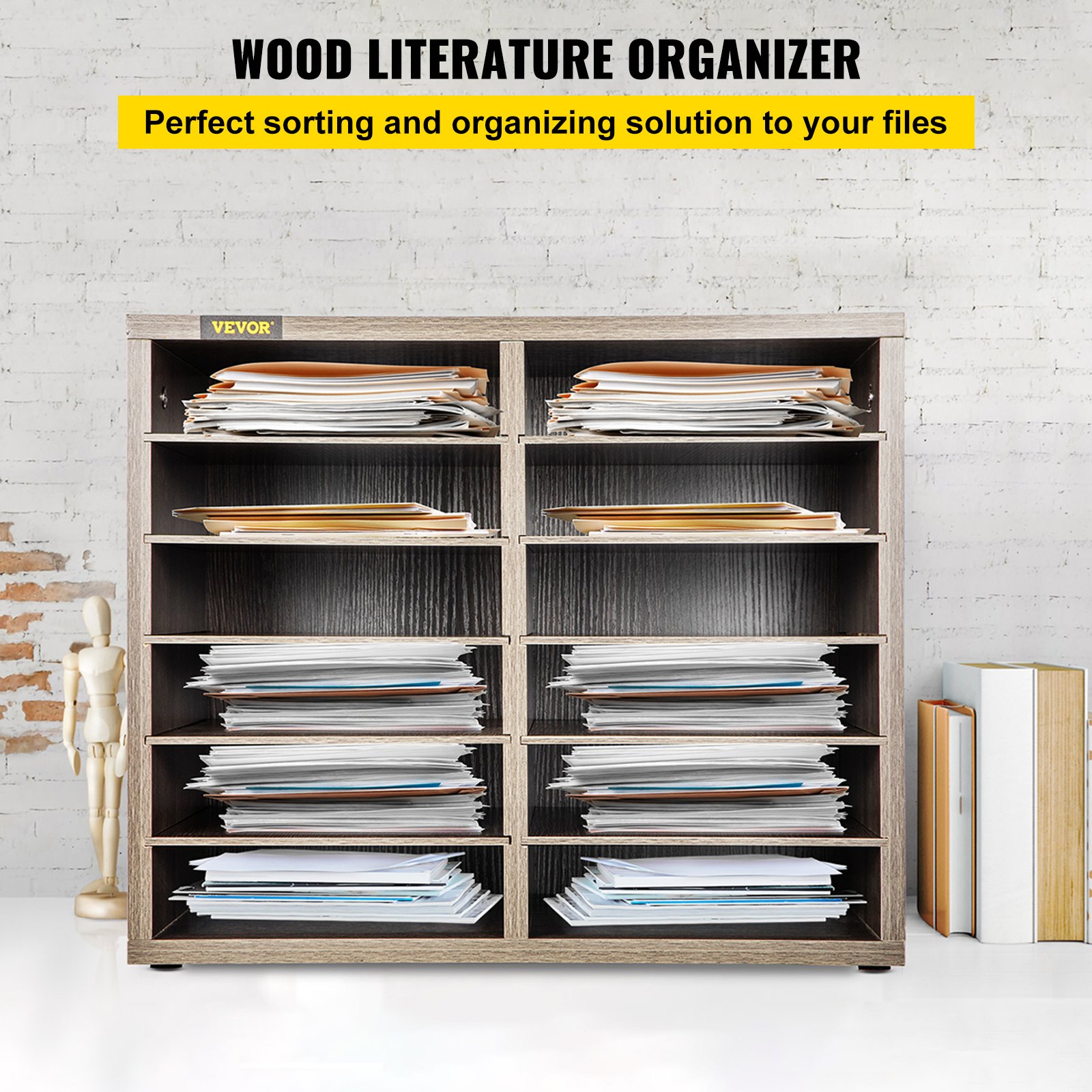 VEVOR 12 Compartments Wood Literature Organizer, Adjustable Shelves ...