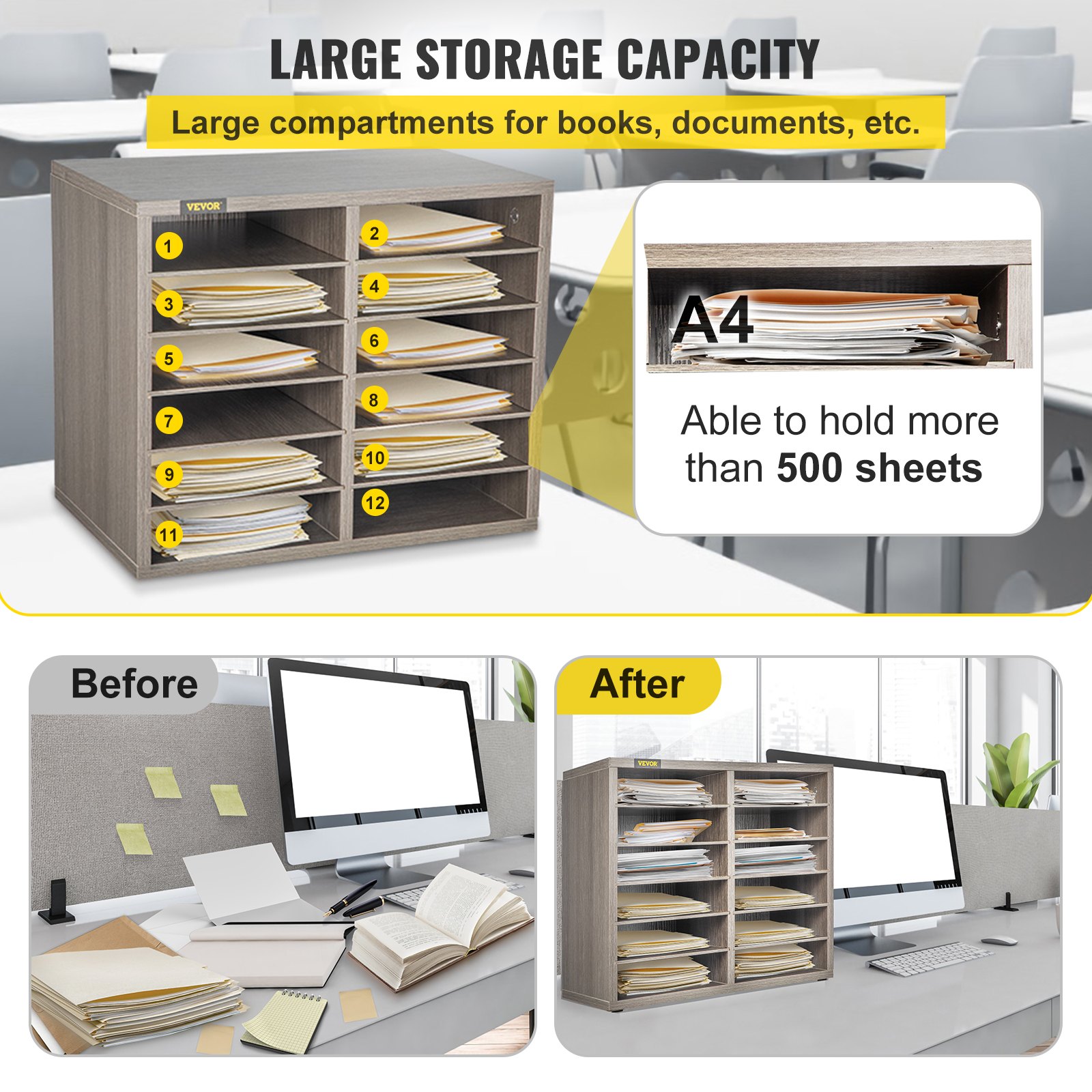 VEVOR 12 Compartments Wood Literature Organizer, Adjustable Shelves ...