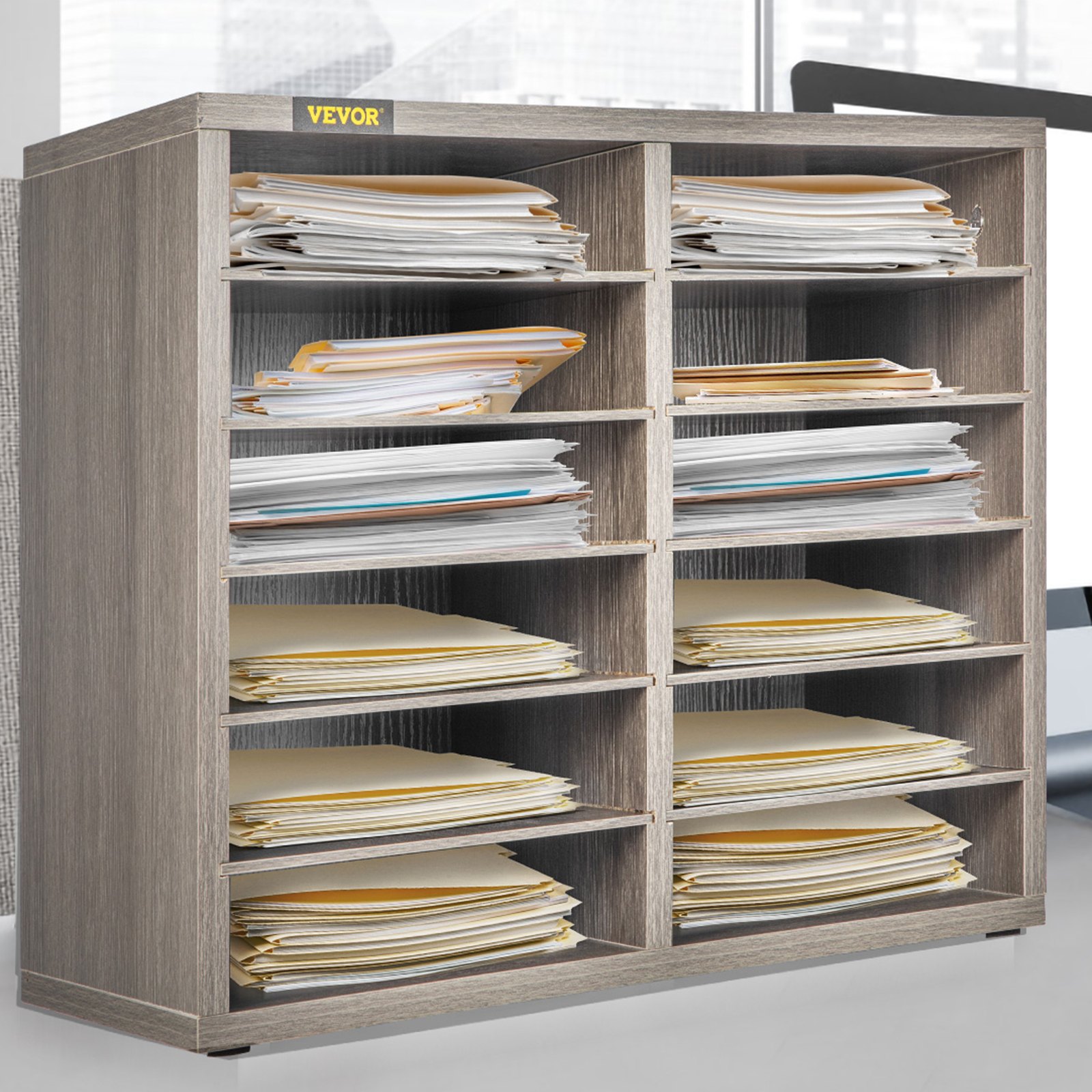 VEVOR 12 Compartments Wood Literature Organizer, Adjustable Shelves ...