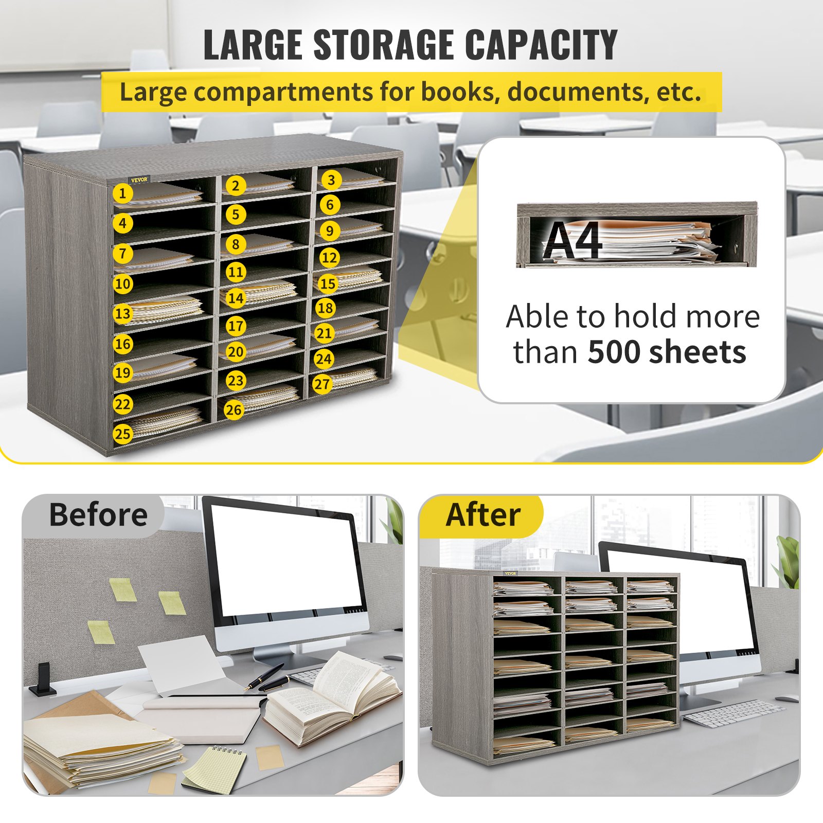 VEVOR 27 Compartments Wood Literature Organizer, Adjustable Shelves ...