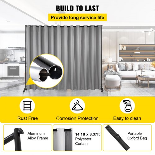 VEVOR Room Divider Kit, 8 ft x 10 ft, 4 Rolling Wheels Curtain Divider ...