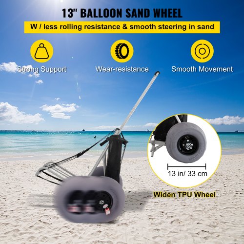 VEVOR Beach Carts for Sand, 14" x 14.7" Cargo Deck, w/ 13" TPU Balloon ...