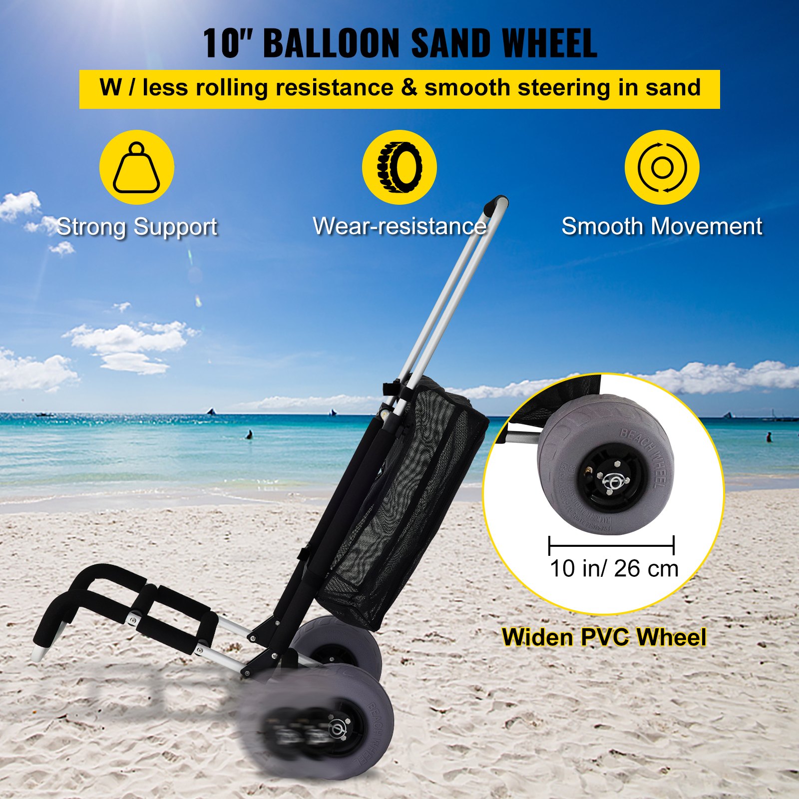 VEVOR Beach Carts for Sand, w/ 10" PVC Balloon Wheels, 15" x 15" Cargo ...