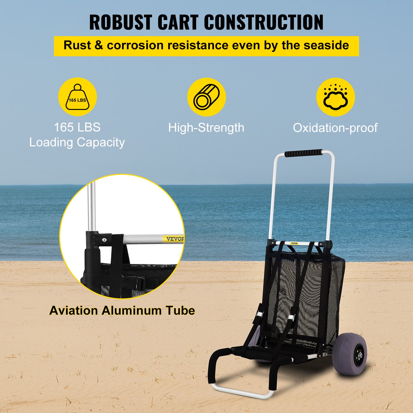VEVOR Beach Carts for Sand, w/ 10" PVC Balloon Wheels, 15" x 15" Cargo ...