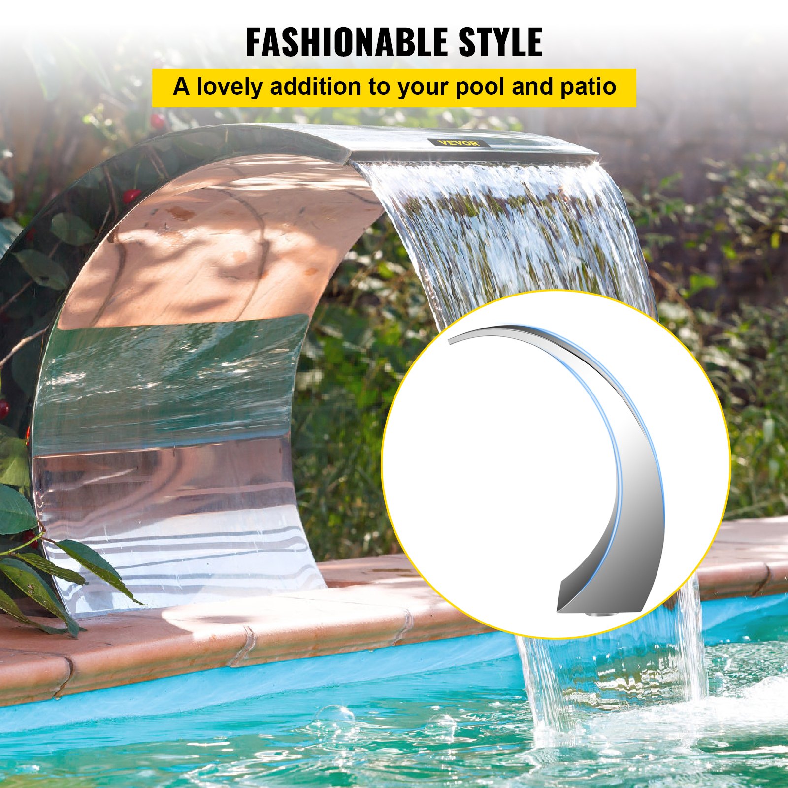 VEVOR Pool Waterfall Fountain Stainless Steel Fountain 15.4" x 7.9" x 1 ...