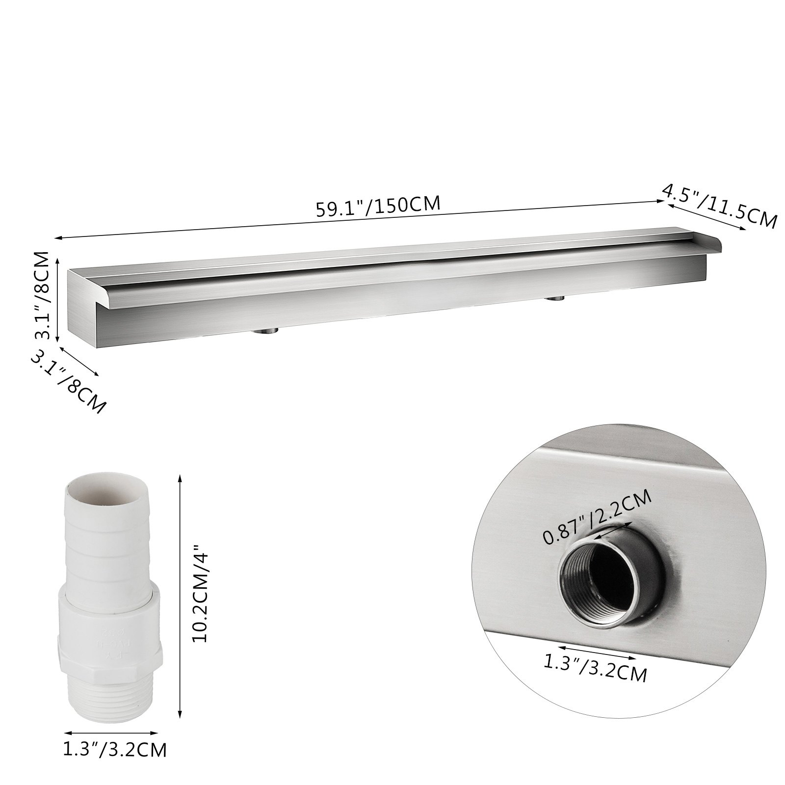 VEVOR 59" Pool Waterfall Fountain 304 Steel Main Body Fountain Garden ...