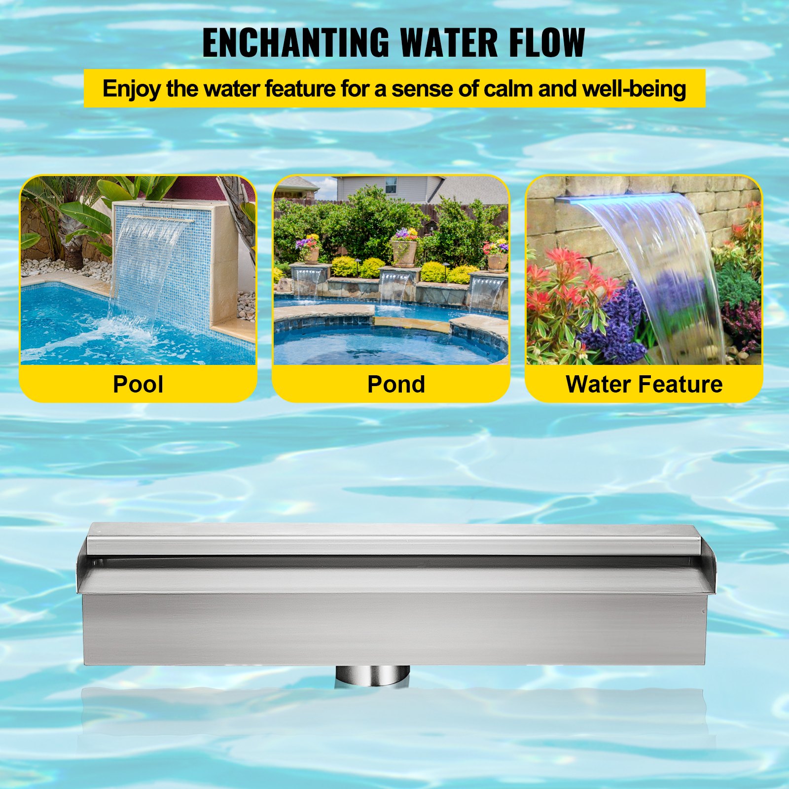 VEVOR Pool Fountain Stainless Steel Pool Waterfall 11.8" x 4.5" x 3.1 ...