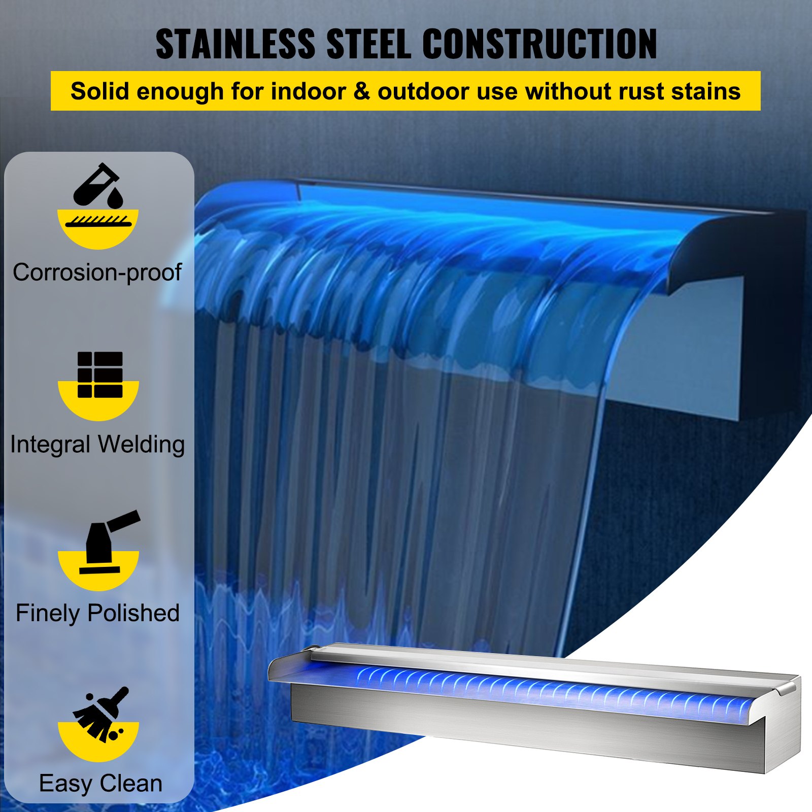 VEVOR Vevor Waterfall Pool Fountain Rectangular & Led Strip Light 23.6 ...