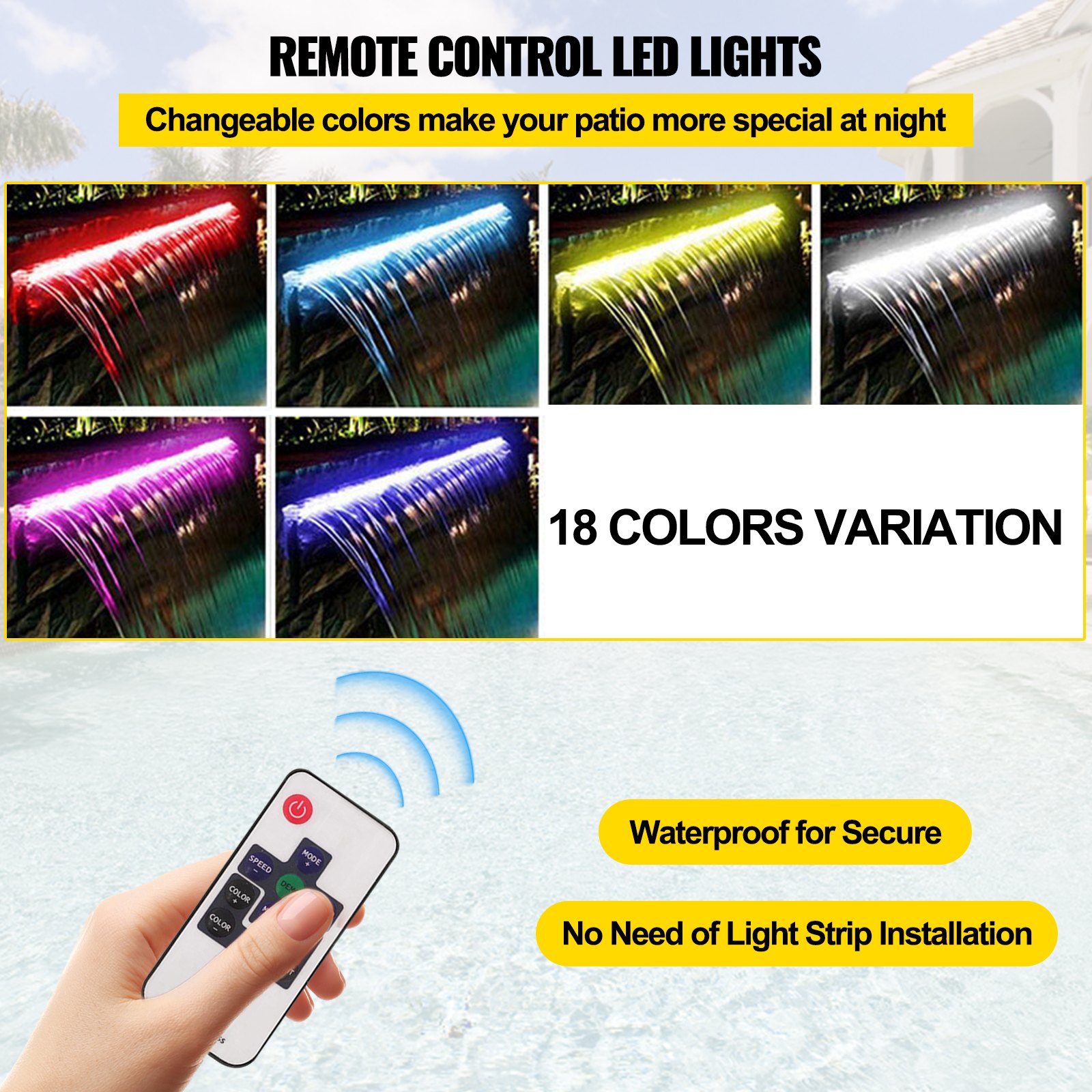 VEVOR Vevor Waterfall Pool Fountain Rectangular & Led Strip Light 23.6 ...