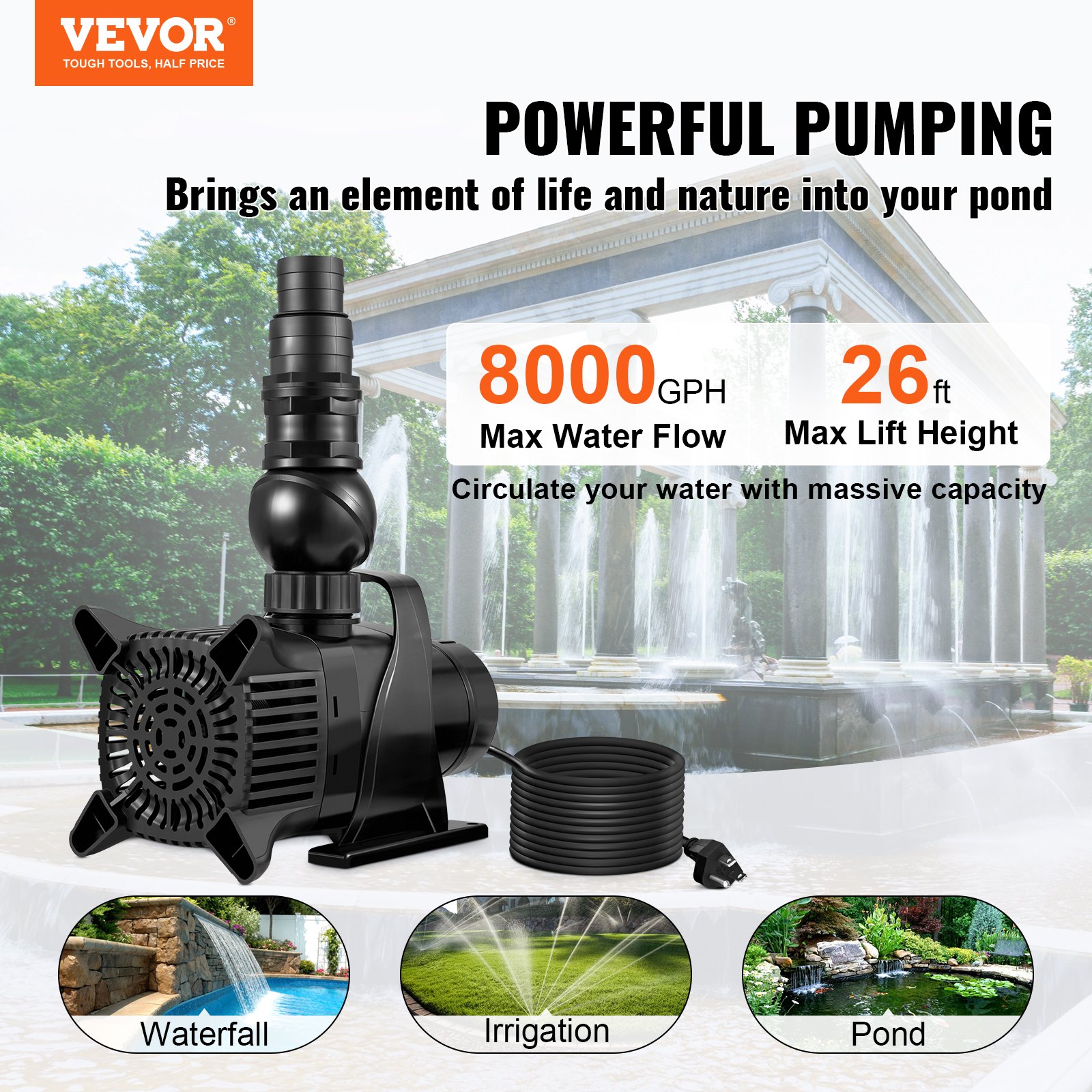 VEVOR Submersible Water Pump 8000GPH Pond Pump 26FT 530W for Waterfall ...