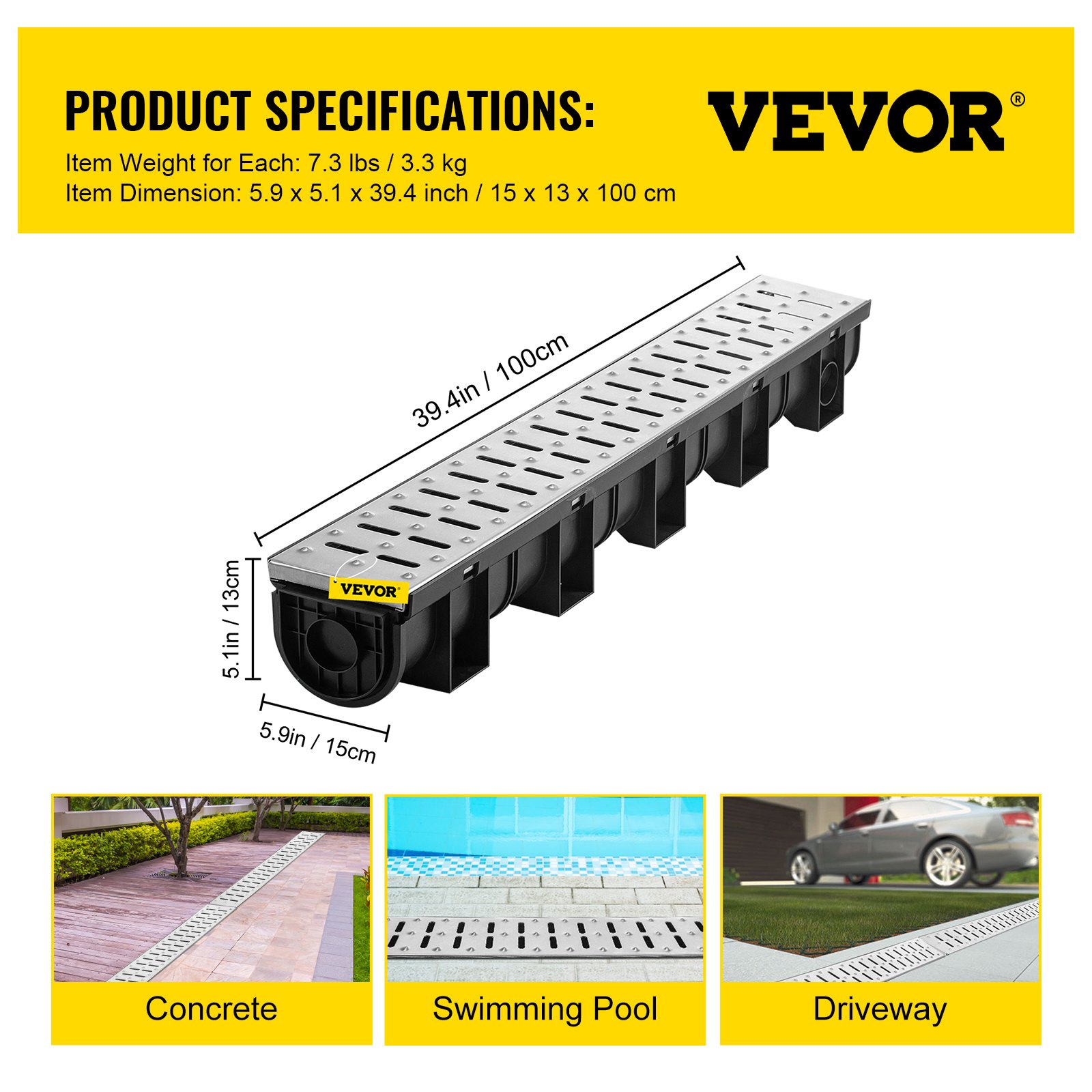VEVOR Trench Drain System, Channel Drain with Metal Grate, 5.9x5.1-Inch ...