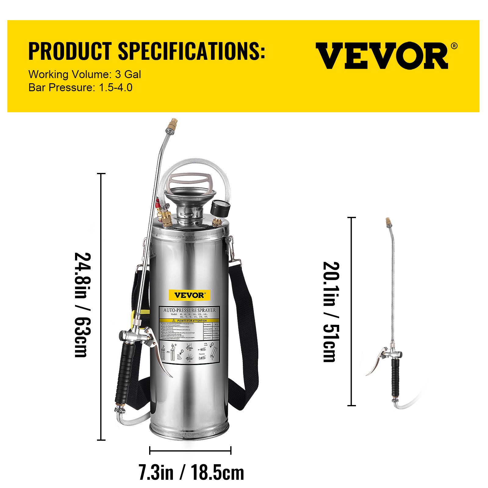 3gal/10l Stainless Steel Sprayer Valve 3.3-feet Reinforced Hose Ground ...