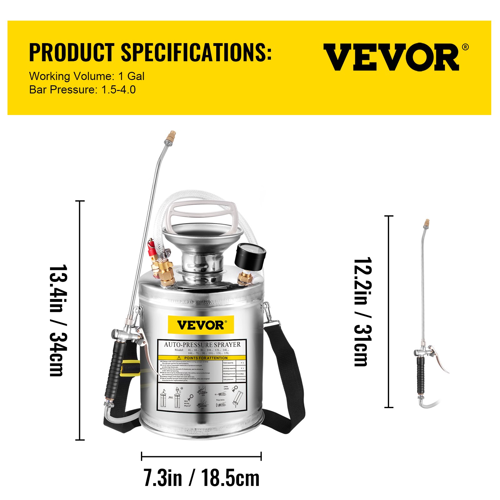 Stainless Steel Sprayer 1 Gallon Pump Sprayer W/ 3.3-inch Reinforced ...