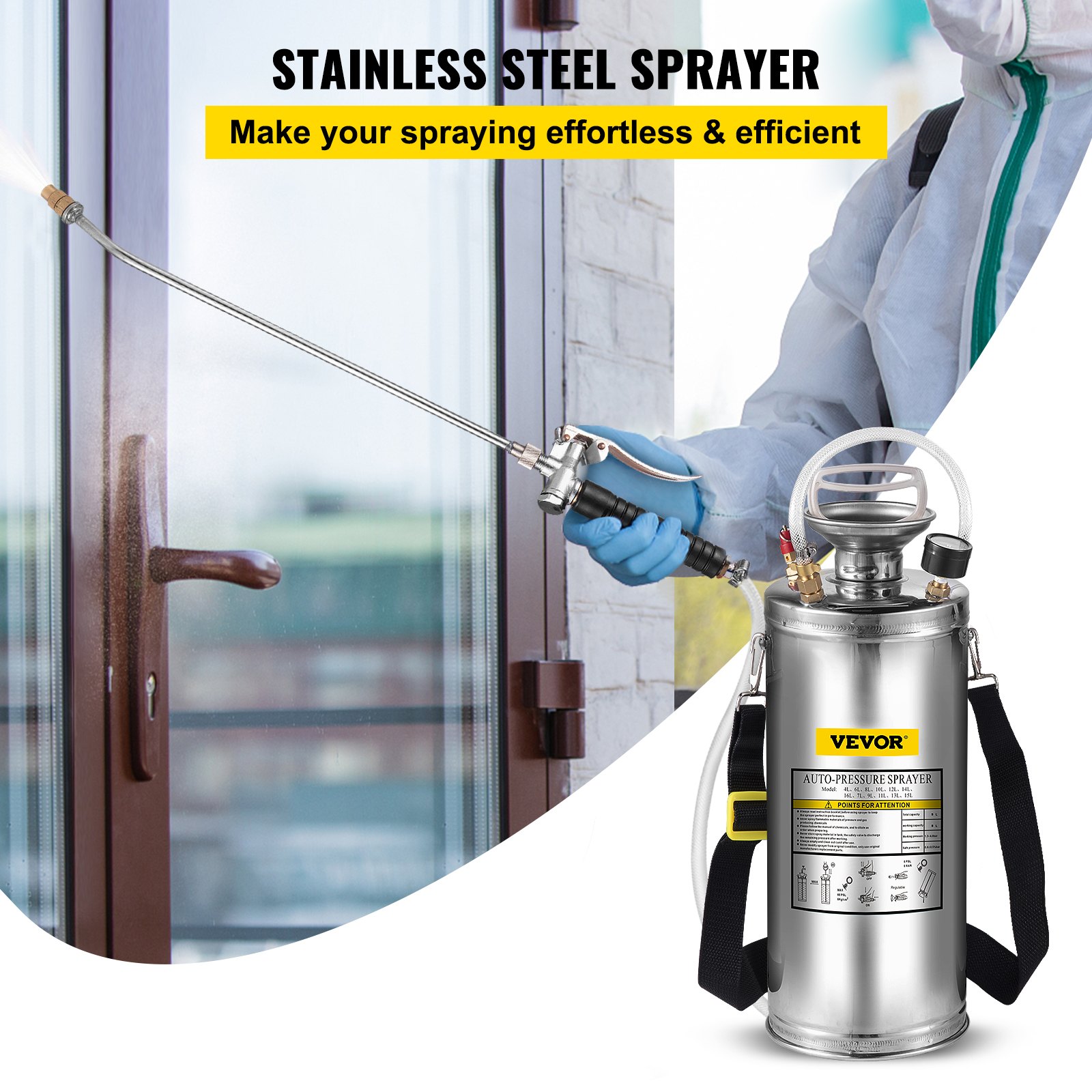 2 Gallon Stainless Steel Industrial Hand-Pumped Sprayer | VEVOR US