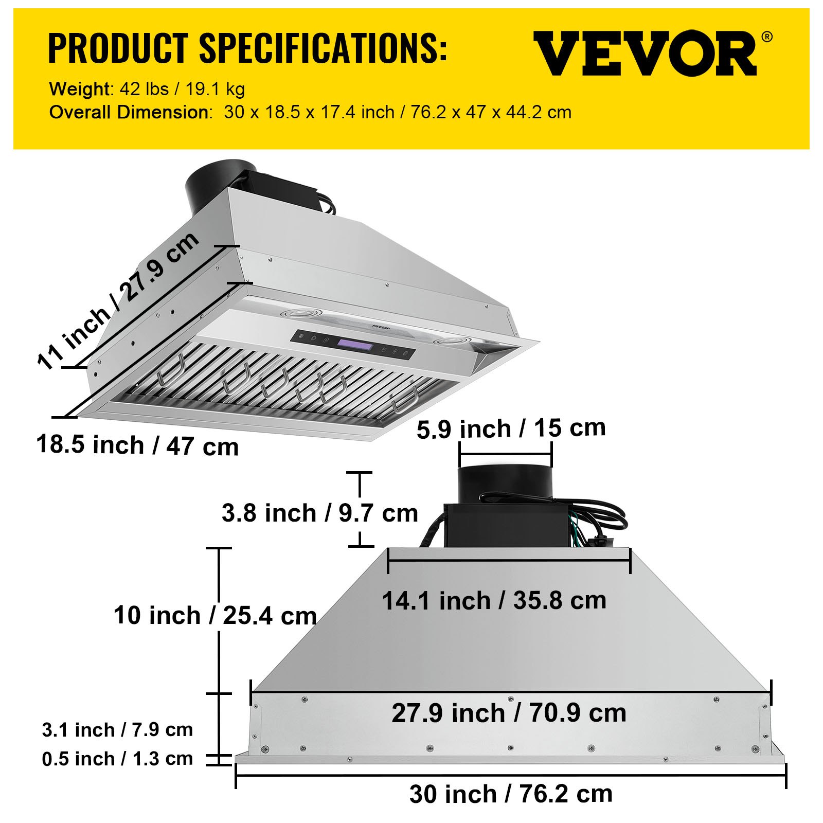 VEVOR Built-in Range Hood Insert Vent Hood 900CFM 30in Touch & Remote ...