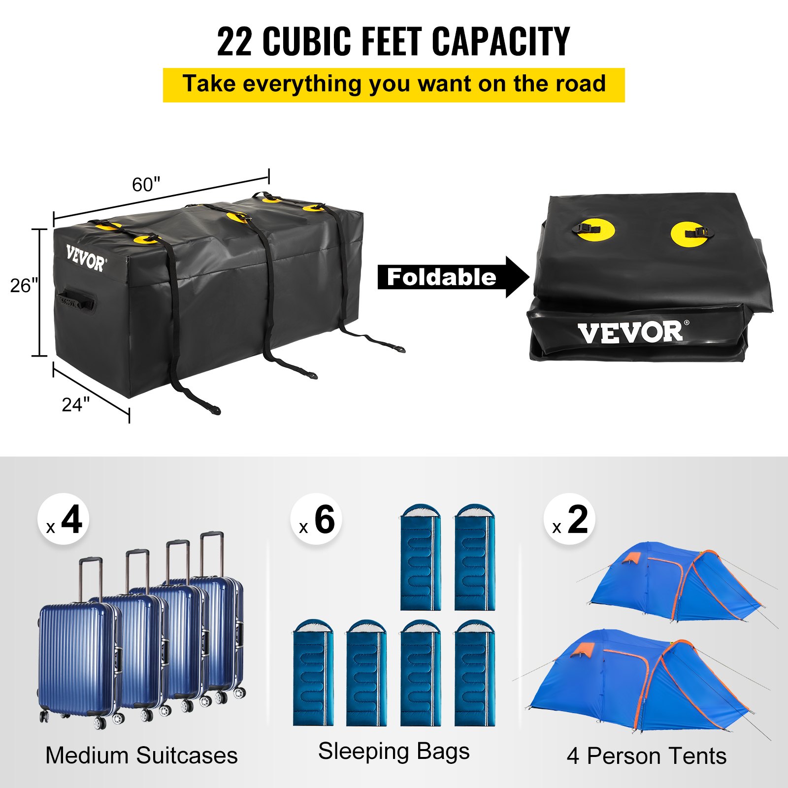 VEVOR Hitch Cargo Carrier Bag, Waterproof 840D PVC, 60"x24"x26" (22 ...