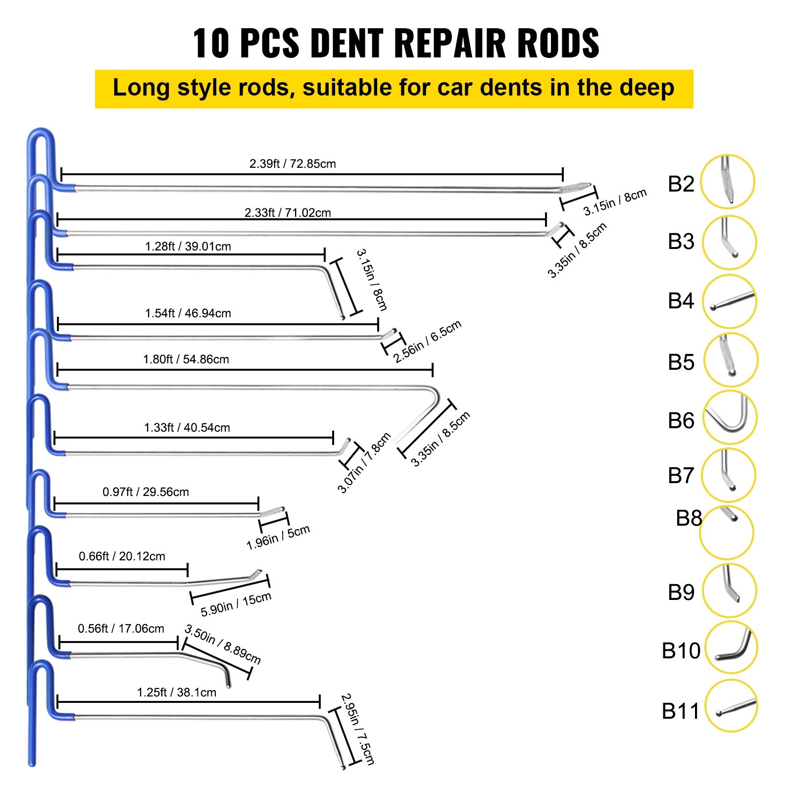 VEVOR Rods Dent Removal Kit, 20 Pcs Paintless Dent Repair Rods ...