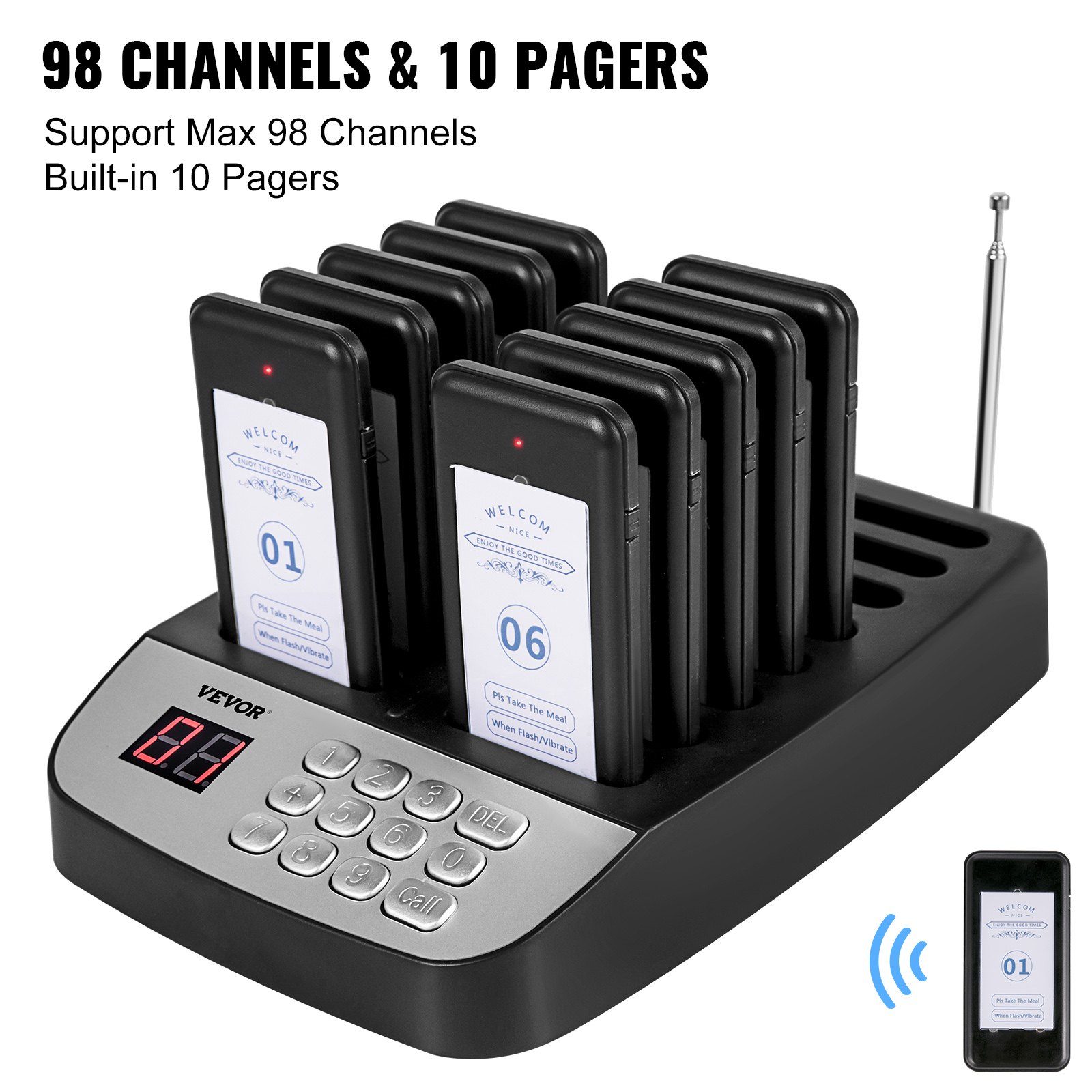 VEVOR F100 Restaurant Pager System 10 Pagers, Max 98 Beepers Wireless ...