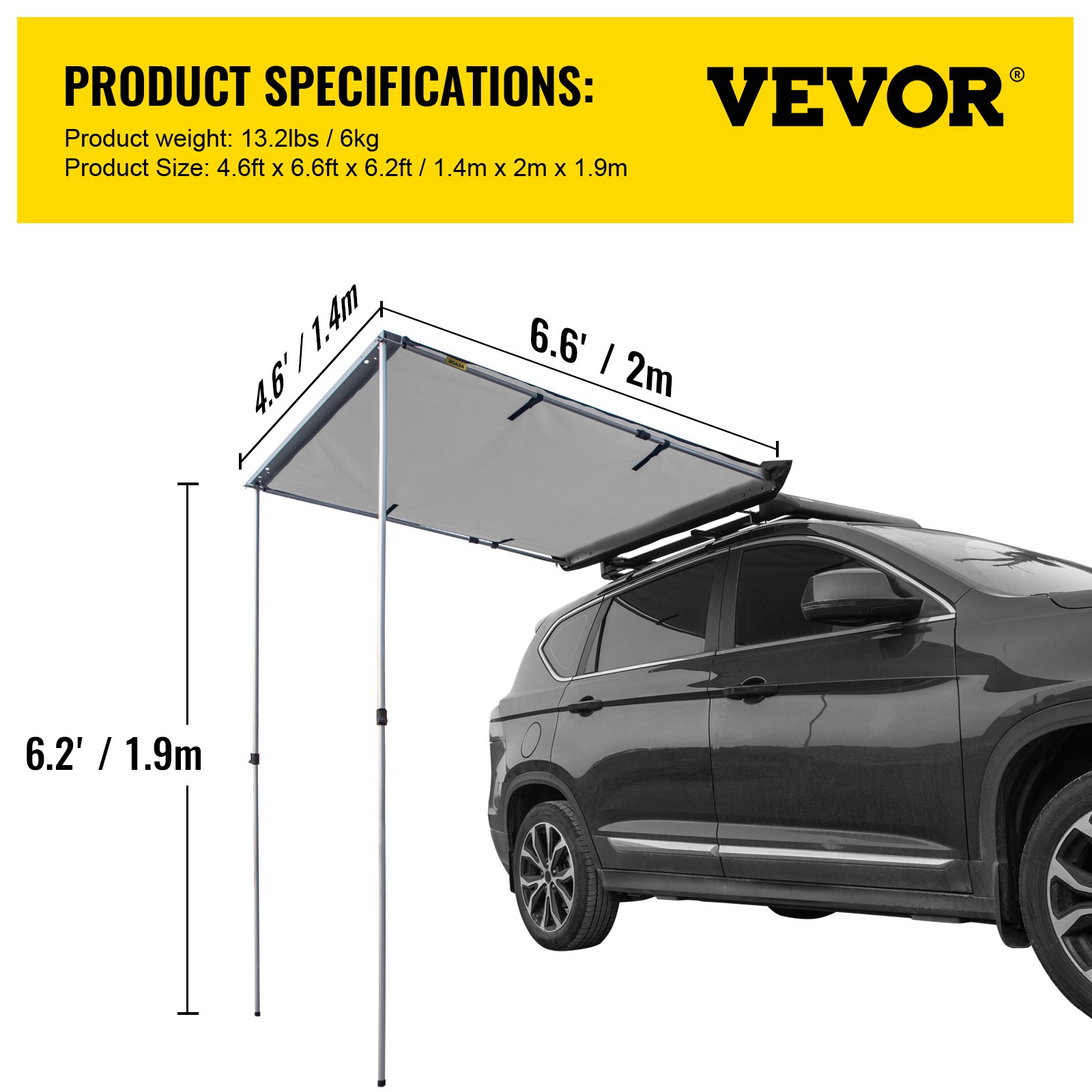 VEVOR Car Awning Car Tent Retractable Waterproof SUV Rooftop Grey 4.6 ...