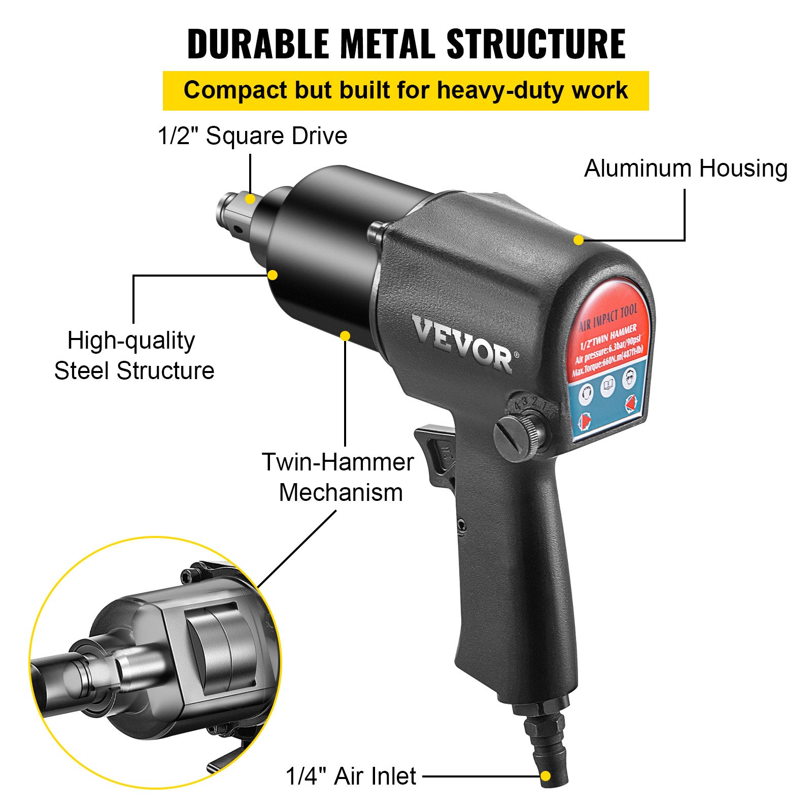 VEVOR Air Impact Wrench, 1/2" Pneumatic Impact Wrench, 660Nm Air Impact ...