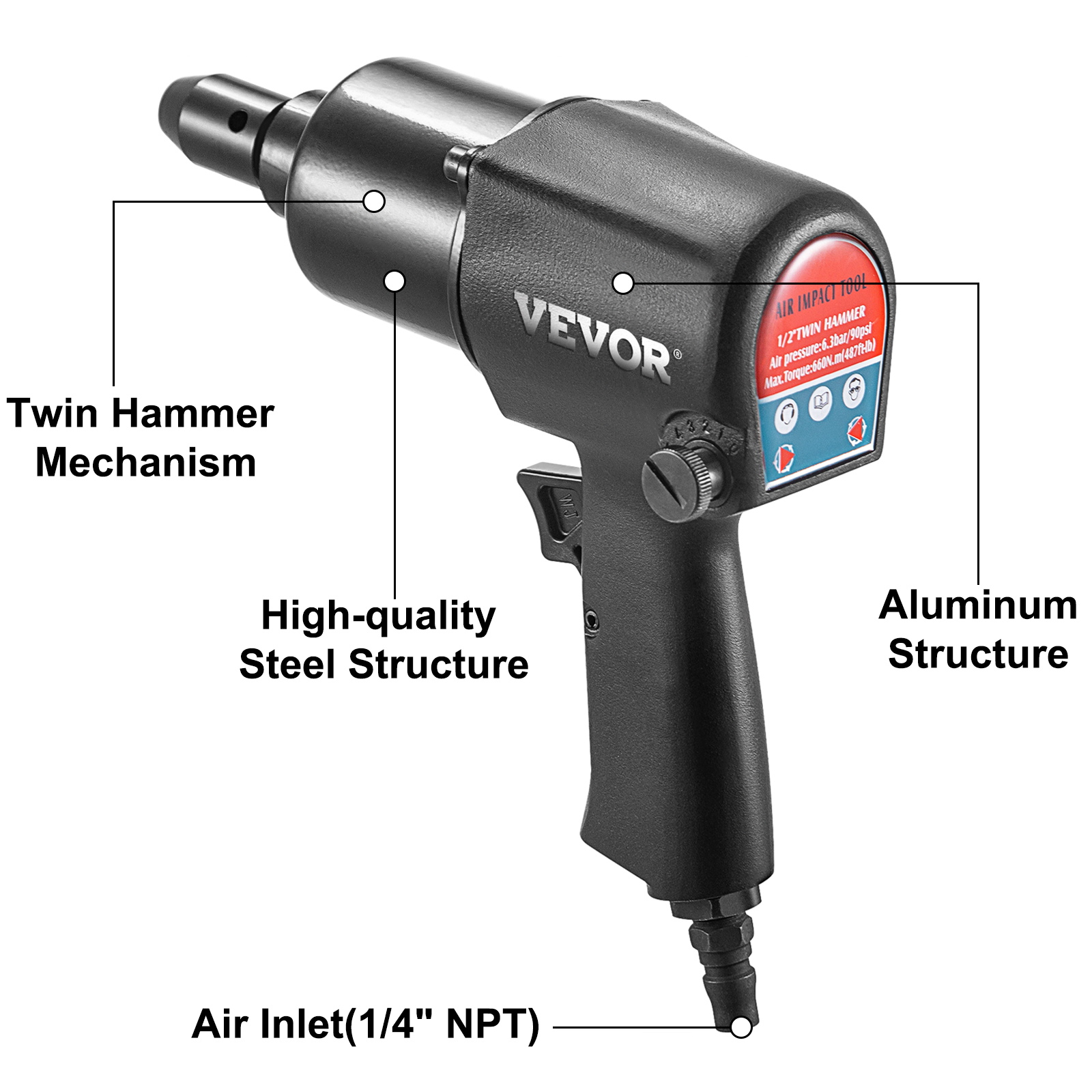 Vevor 1/2" Drive Air Impact Wrench 487ft-lbs Twin Hammer Pneumatic 5 ...