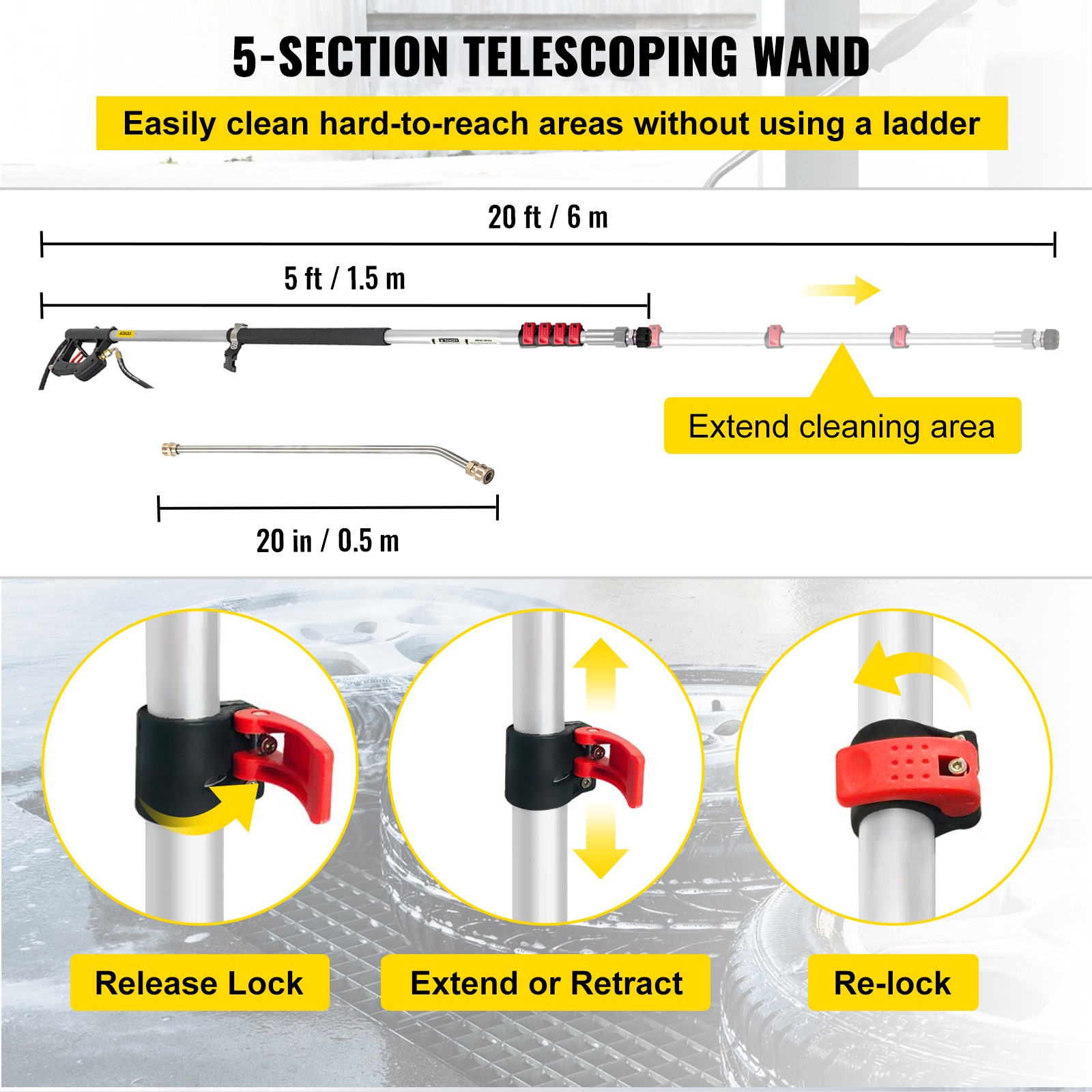VEVOR Telescoping Washer Telescoping Pressure Wand 20 ft 4000 PSI w/ 5 ...