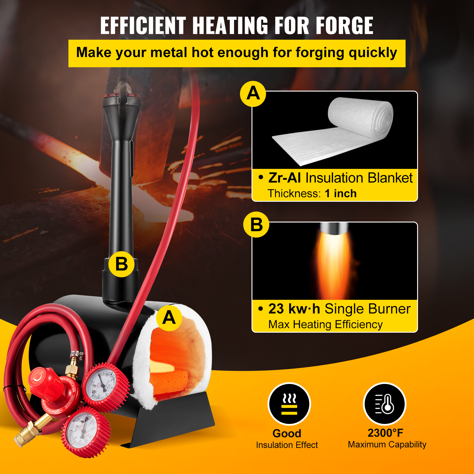 Vevor Gas Propane Forge Furnace Burner Portable Single Burner Metal ...