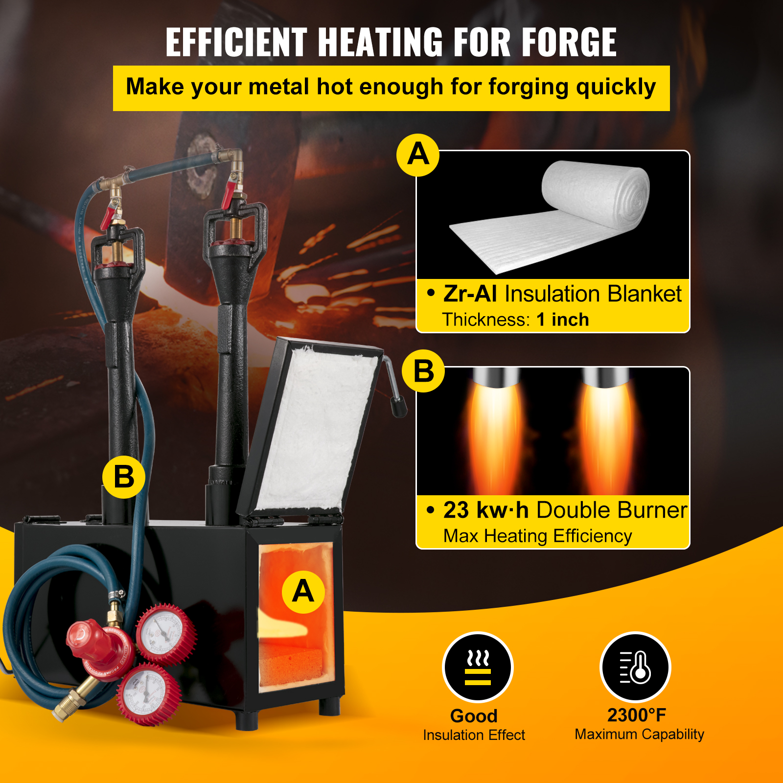 Vevor Gas Propane Forge Furnace Burner 2 Doors Dual Burners Blacksmith ...