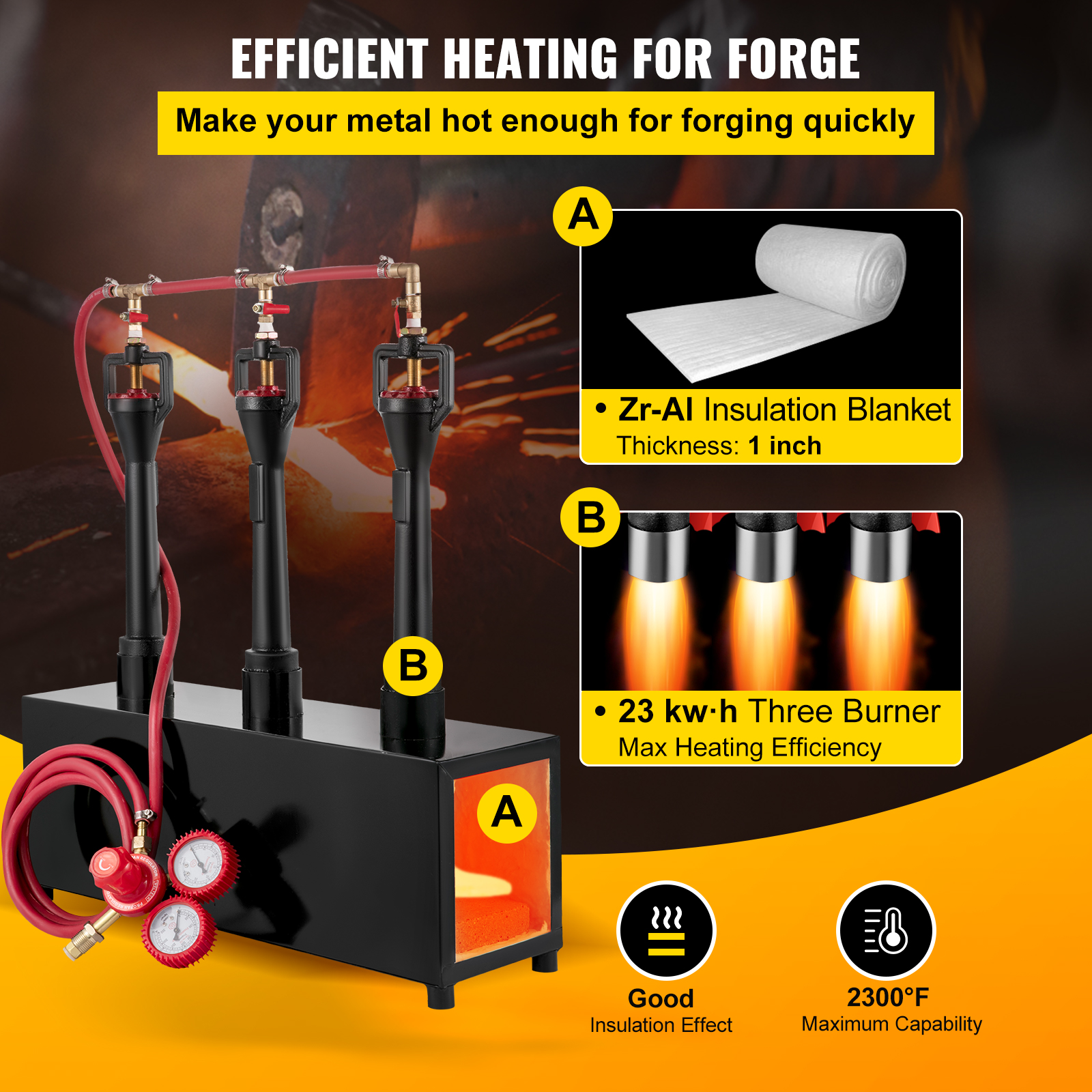 VEVOR Gas Propane Forge Furnace Burner Portable Three Burners Metal ...