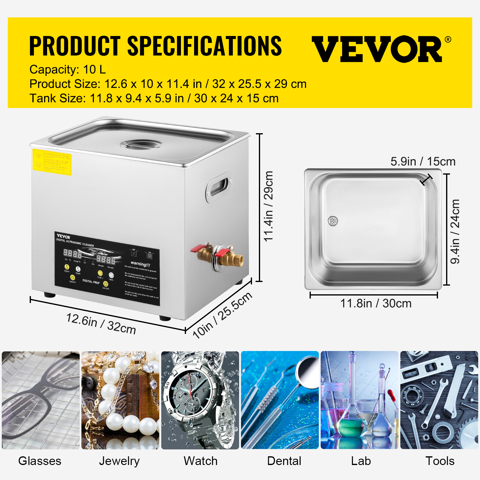 VEVOR Ultrasonic Cleaner 10L Stainless Steel 640W Industry Heated w ...