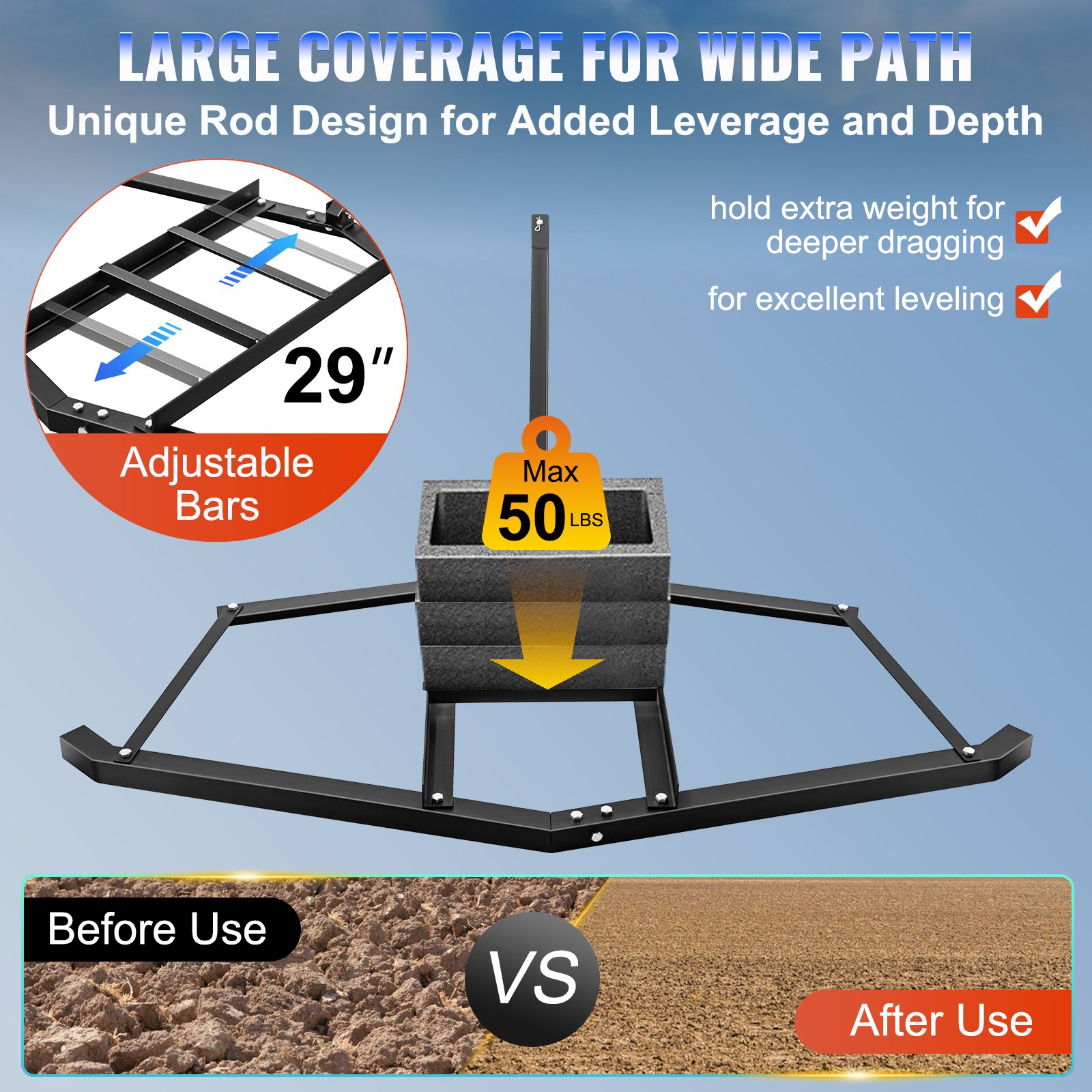 VEVOR Driveway Drag Tow Behind Drag Harrow 66'' Width, Steel Gravel ...