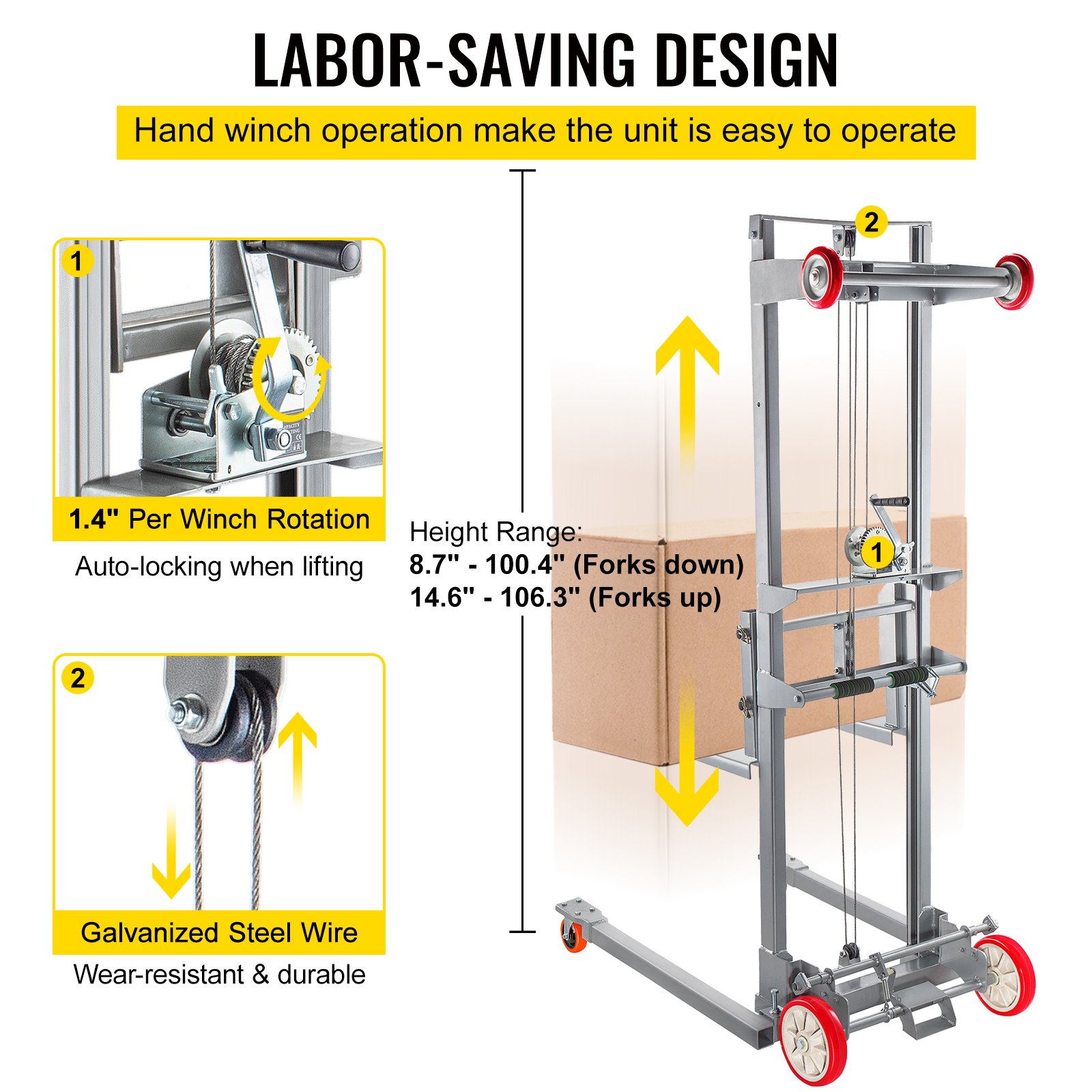 VEVOR Manual Winch Stacker, 41.7" Length, 25.8" Width, 72.4" Height, 2. ...