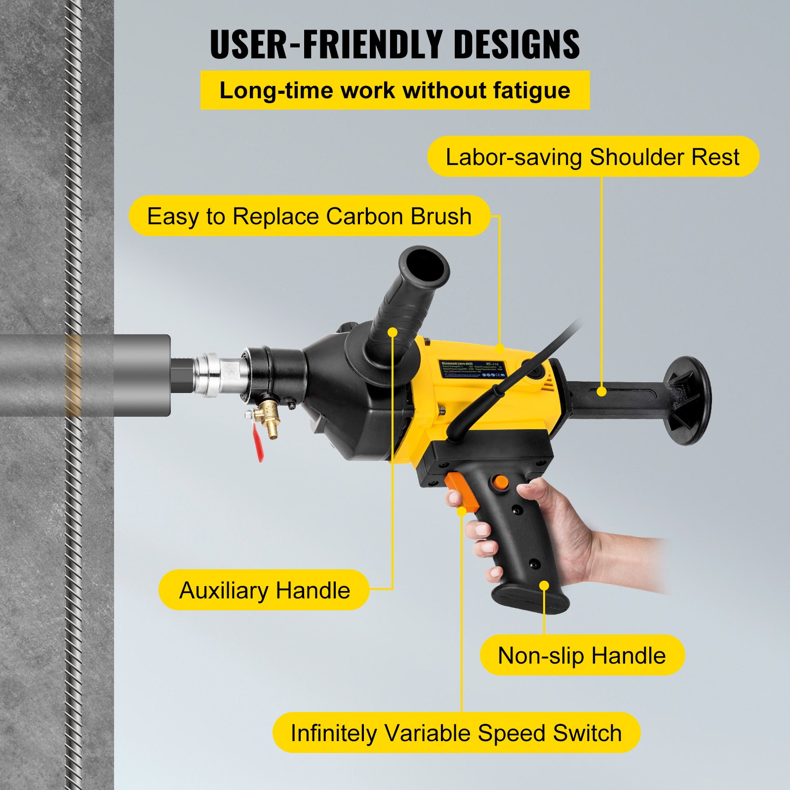 VEVOR Diamond Core Drill, 1800W 4'/110 mm, 1700RPM Variable Speed Core ...