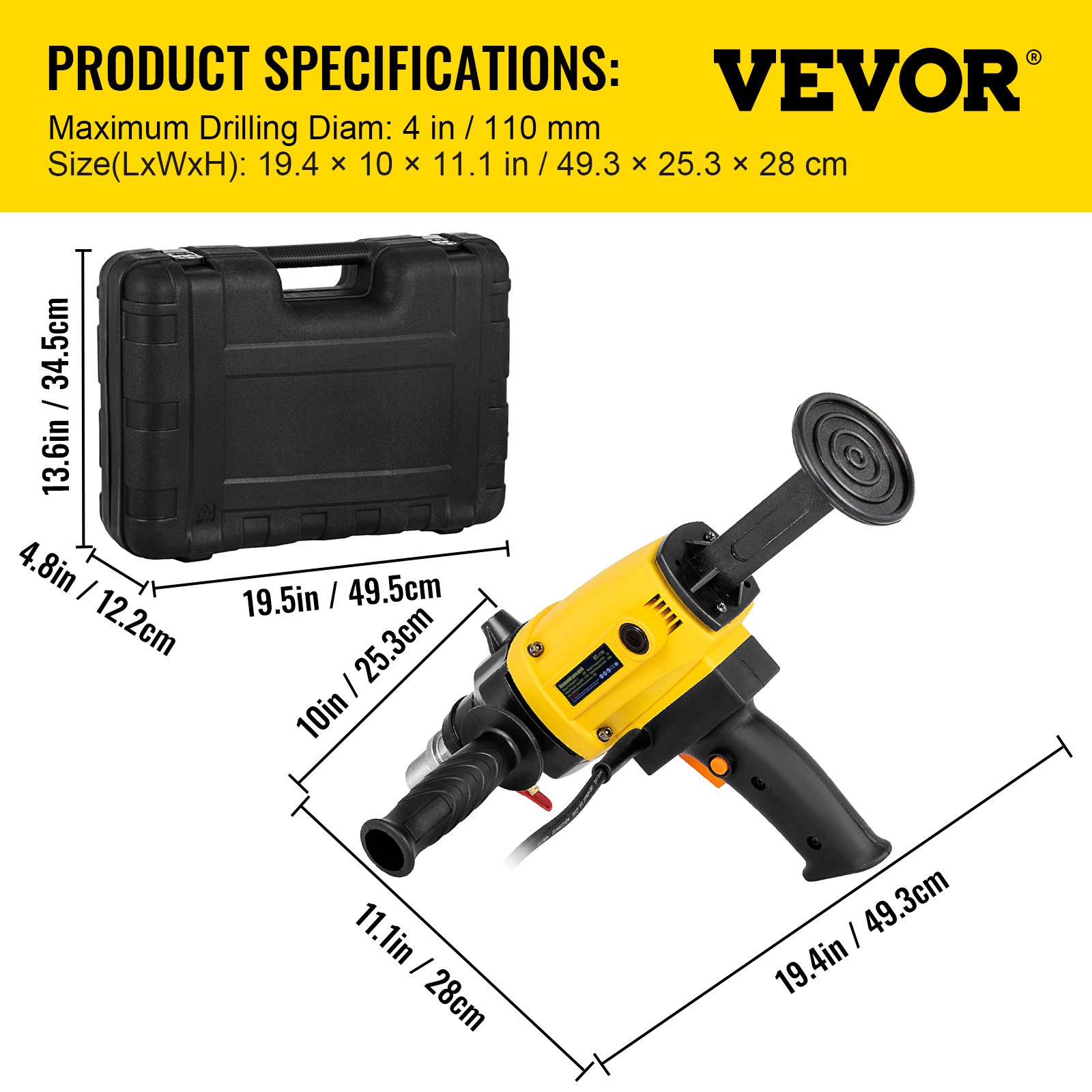 VEVOR Diamond Core Drill, 1800W 4'/110 mm, 1700RPM Variable Speed Core ...