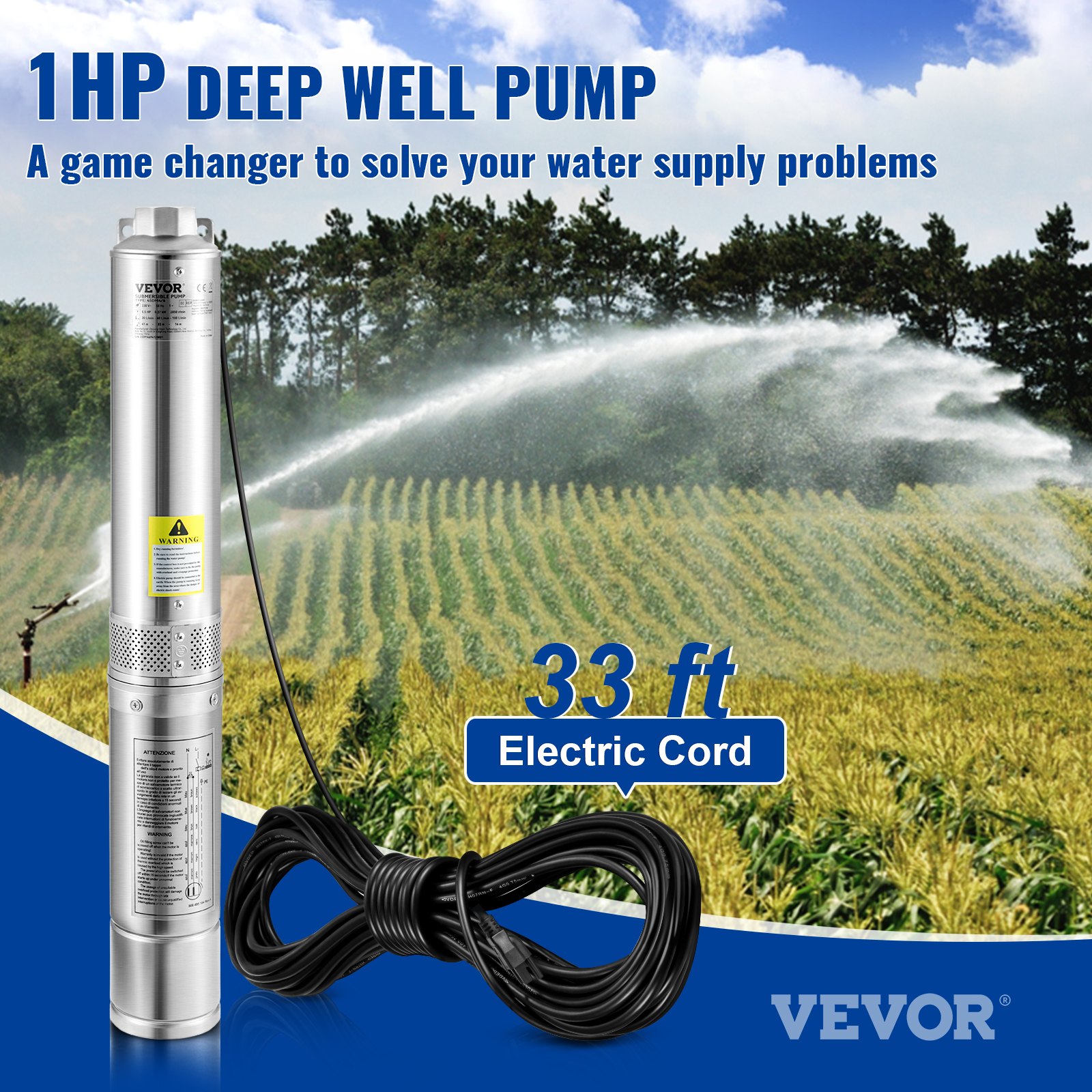 VEVOR Deep Well Submersible Pump, 1HP/750W 115V/60Hz, 37GPM Flow 207 ft ...