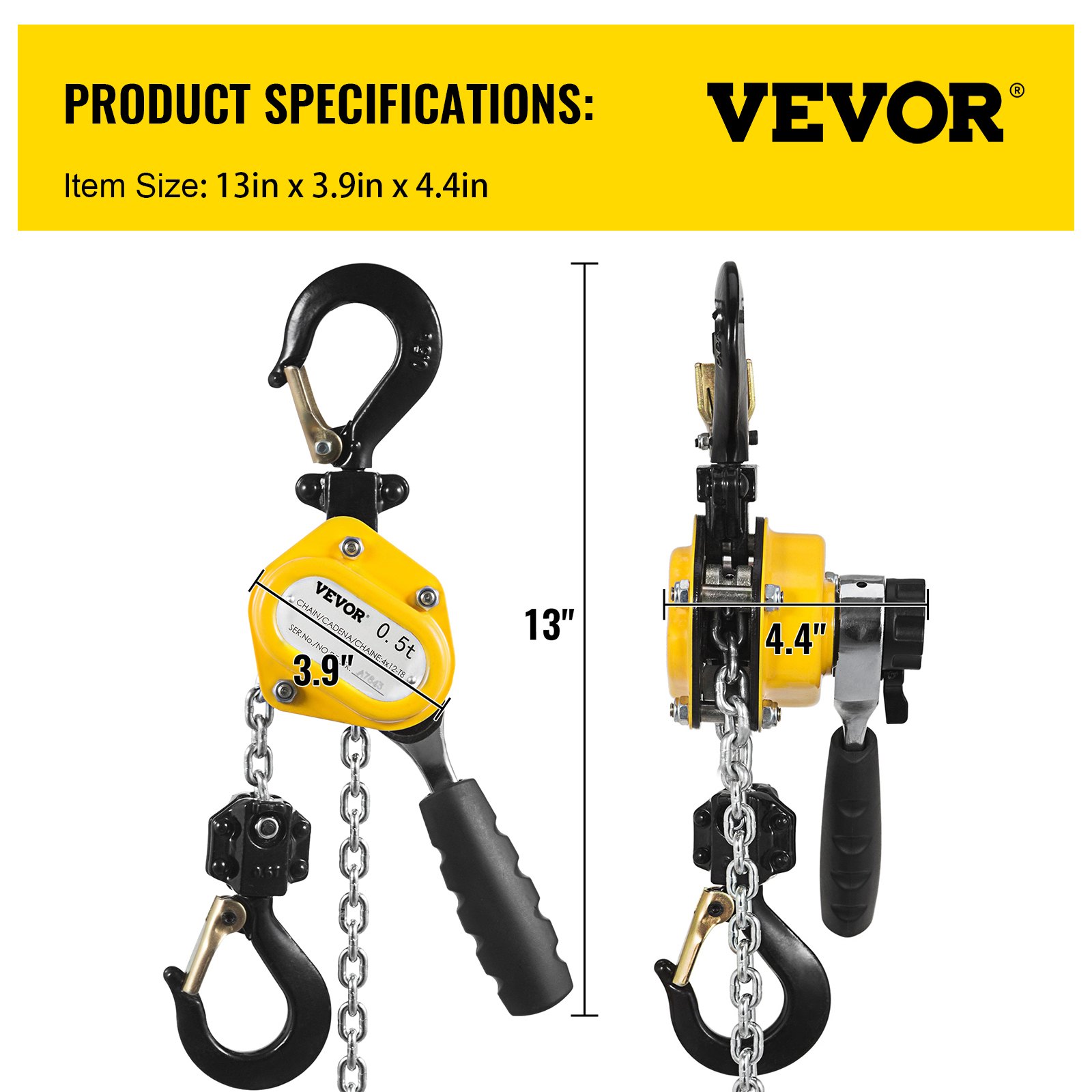 VEVOR 1100LBS Manual Lever Chain Hoist, 1/2 Ton 10FT G80 Mini Come ...