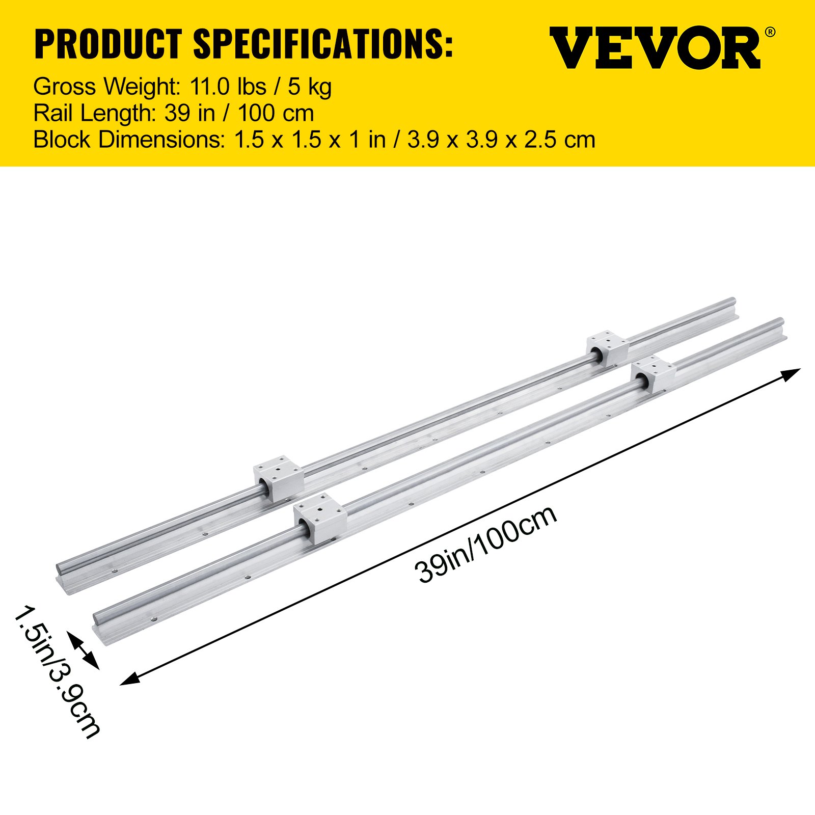 VEVOR Linear Rail SBR12-1000mm 38mm Linear Slide W/ 4 SBR12UU Bearing ...