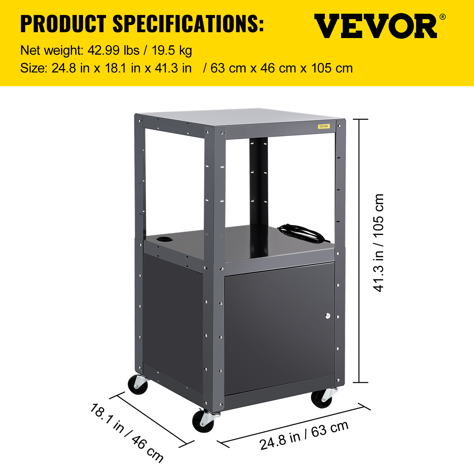 Vevor Steel Av Cart Media Cart With Locking Cabinet 41 Inchheight ...