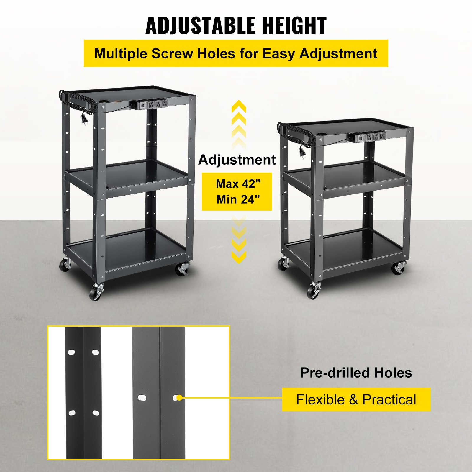 VEVOR Steel AV Cart, 24-42" Height Adjustable Media Cart with Electric ...