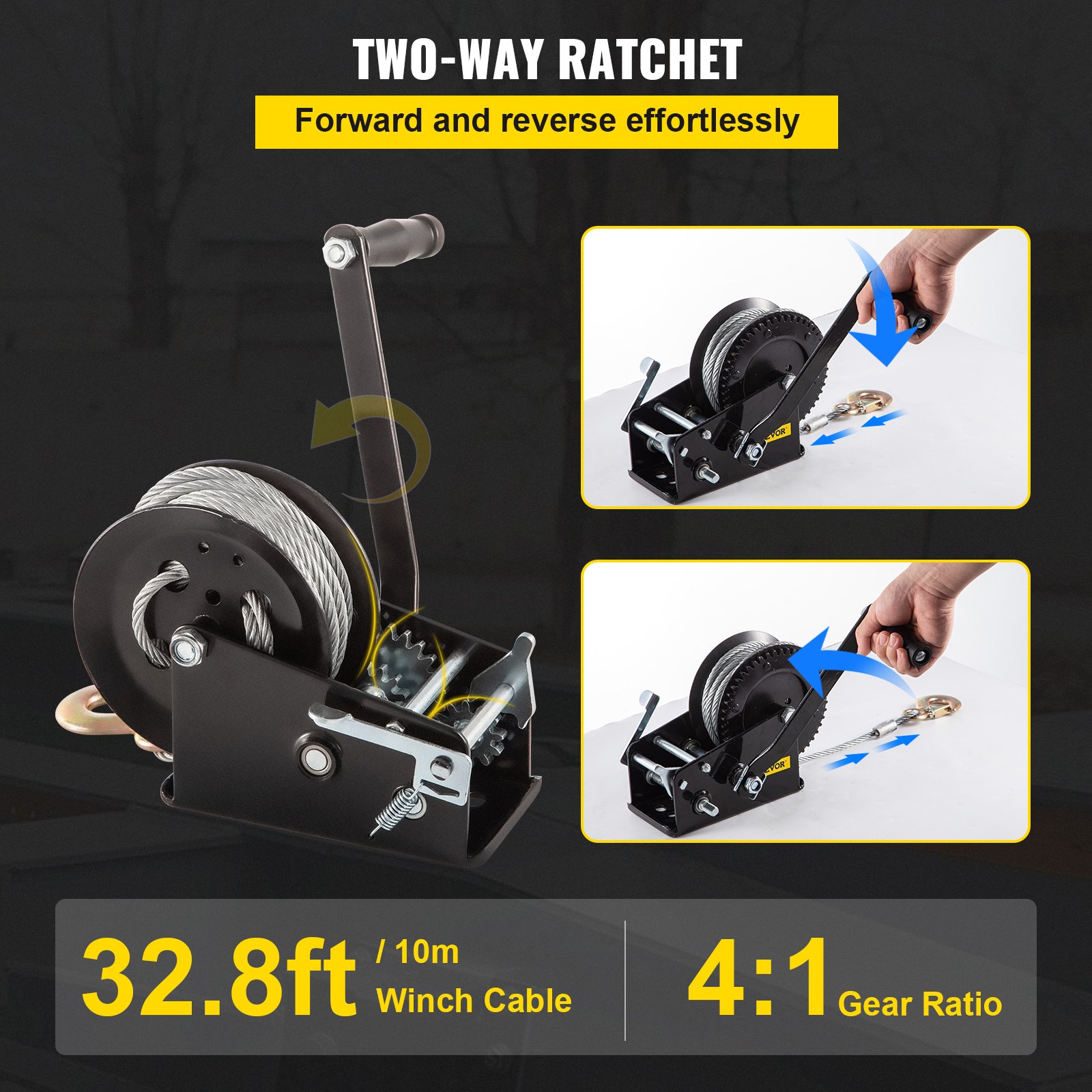 VEVOR Rope Crank, 3500 LBS Capacity Heavy Duty Hand Winch with 10 m(32. ...
