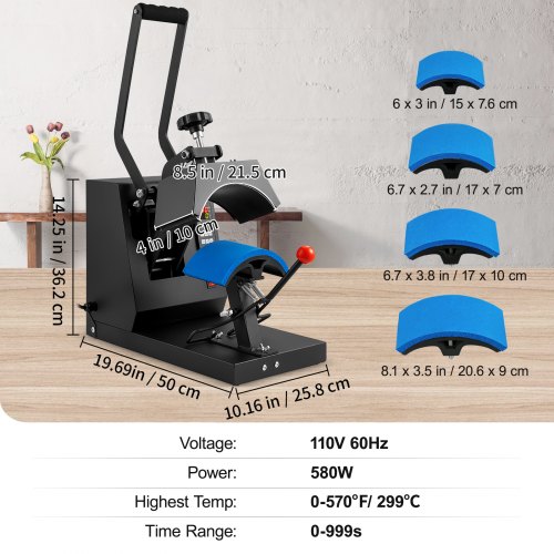 VEVOR Hat Heat Press, 4-in-1 Cap Heat Press Machine, 6x3inches ...