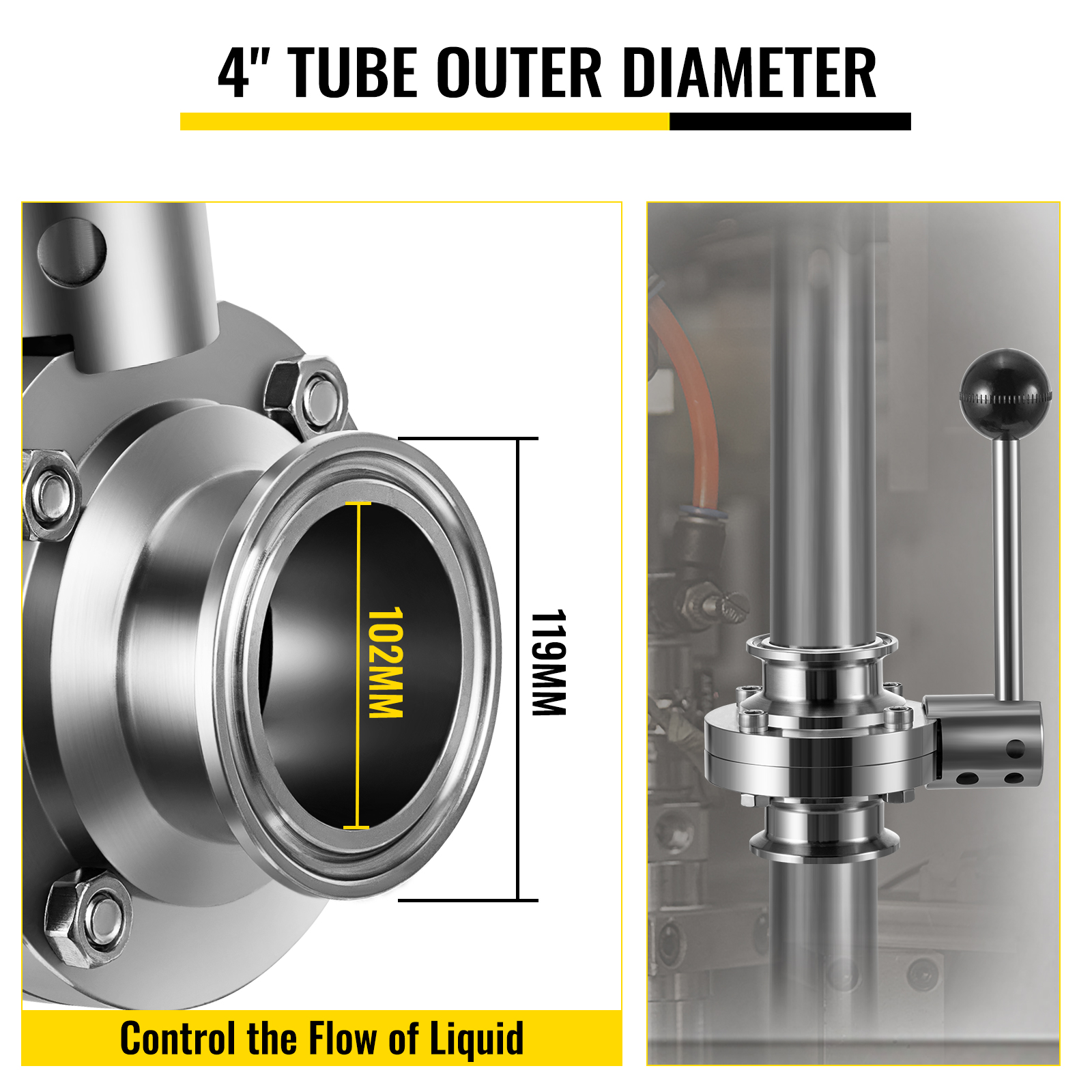 VEVOR Sanitary Butterfly Valve 1 Pack Stainless Butterfly Valve 4" Tube ...