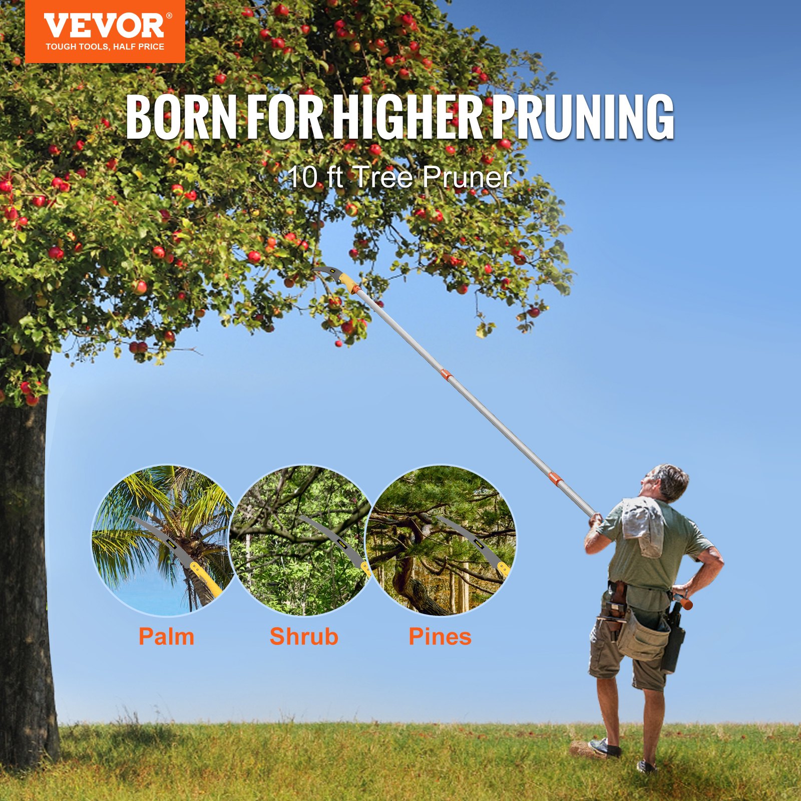 VEVOR Tree Pruner Pole Saw 10 ft Extendable Aluminum Pole Sharp Steel ...