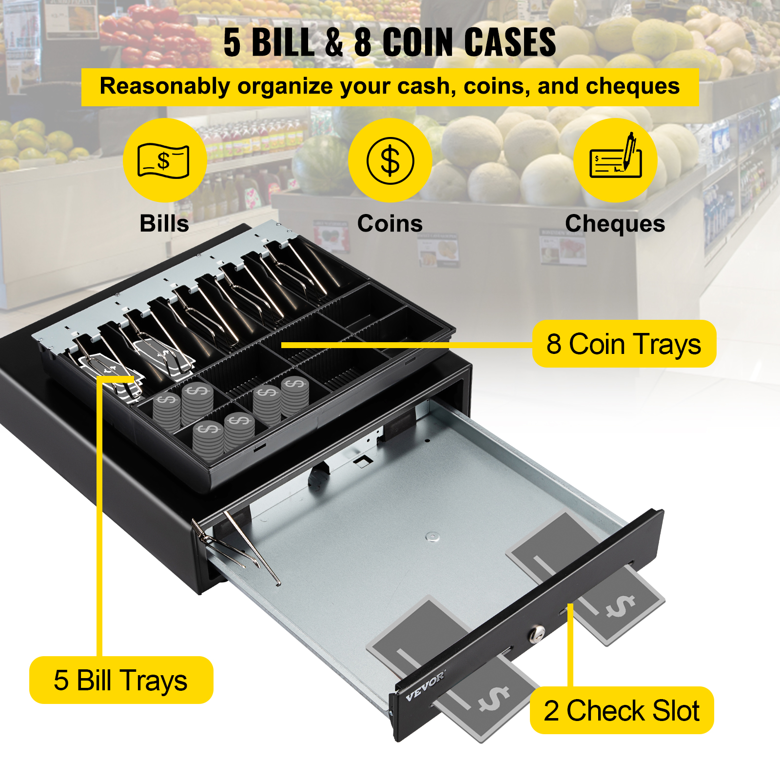 VEVOR Cash Drawer 16" Cash Register Fully Removable 5 Bill 8 Coin Cases ...