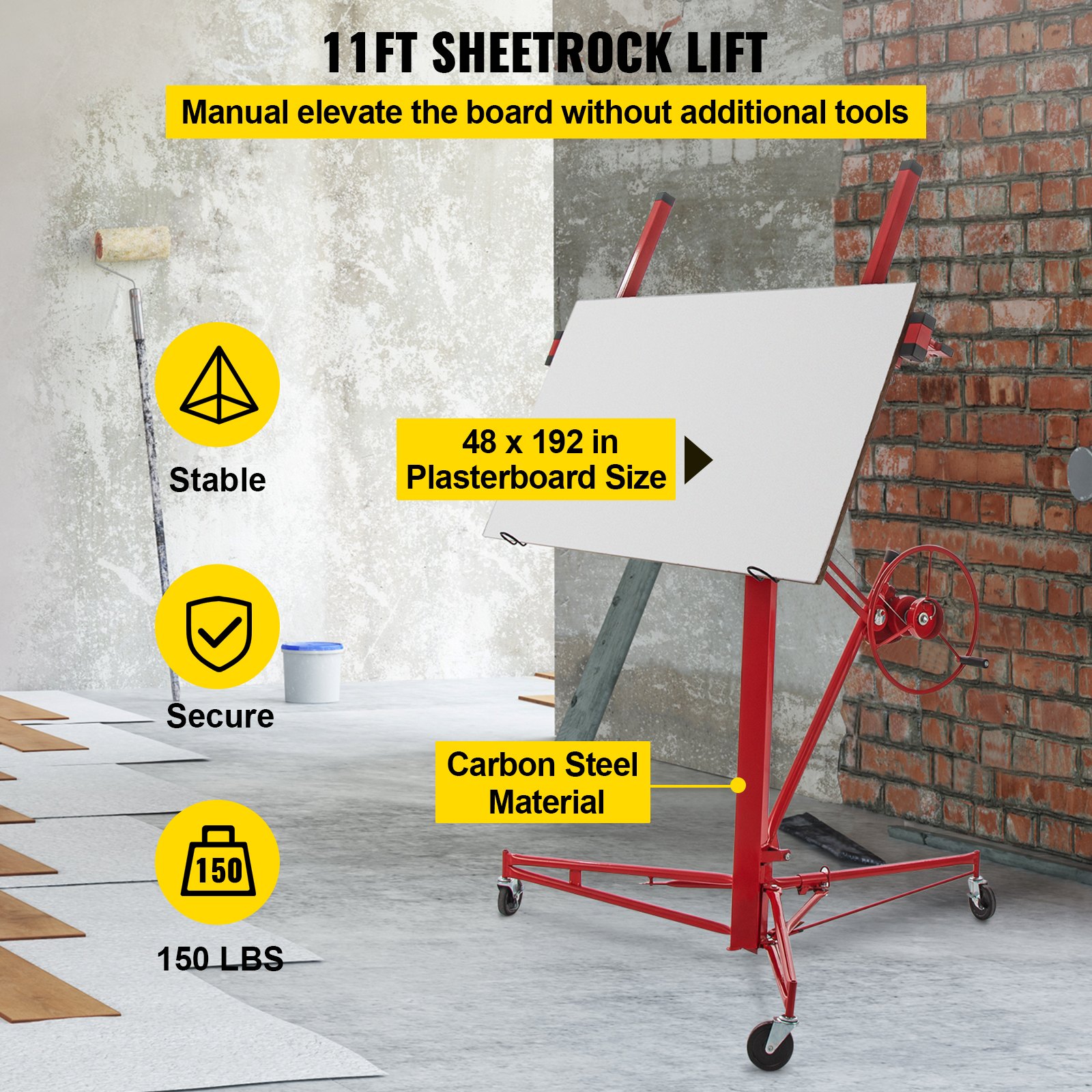VEVOR Drywall Rolling Lifter Panel, 11ft Sheetrock Lift Drywall Lift ...