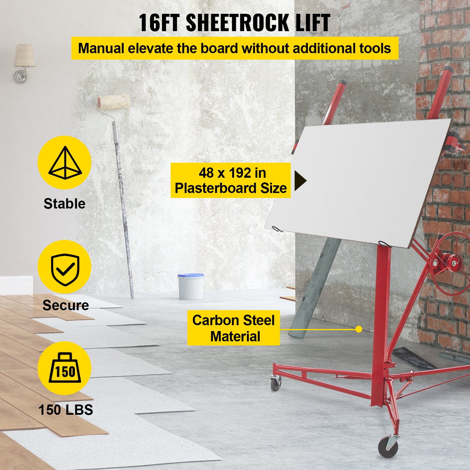 VEVOR Drywall Rolling Lifter Panel, 16ft Sheetrock Lift Drywall Lift ...