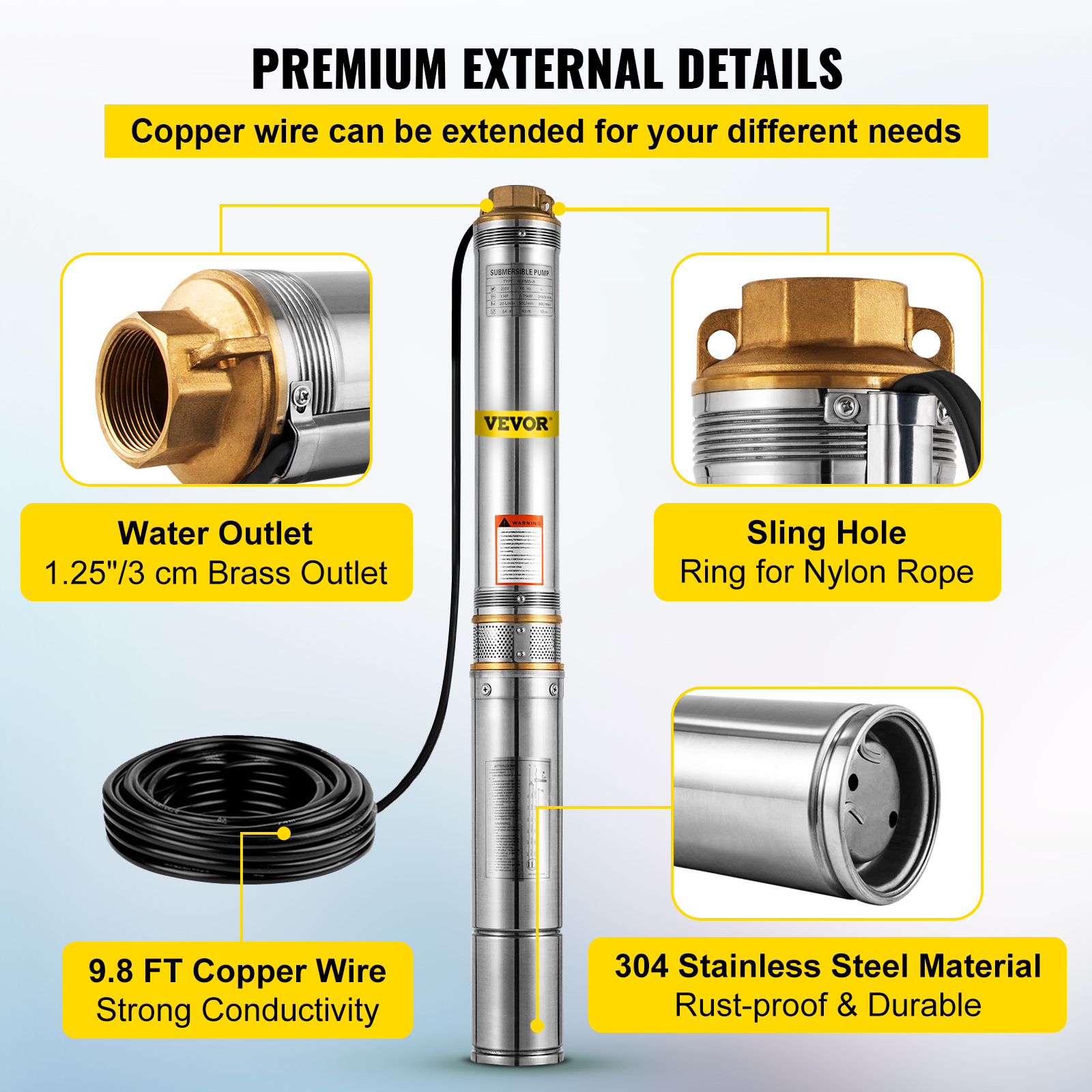 VEVOR Well Pump 1 HP Submersible Well Pump 33GPM Deep Well Pump 207ft ...